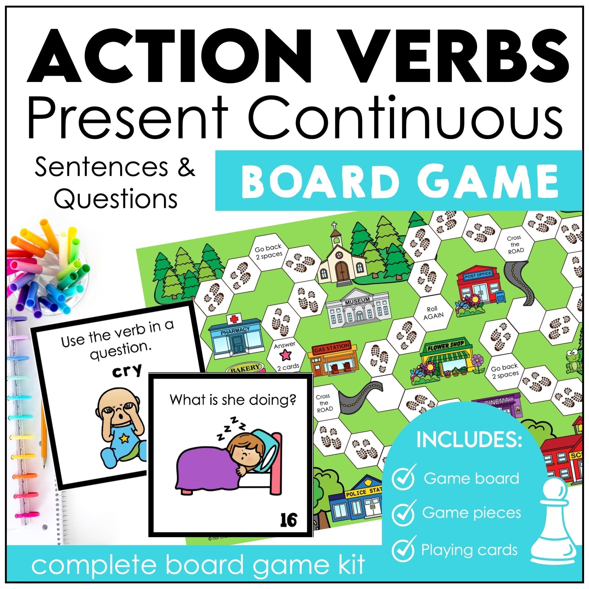 Action Verb Board Game - Build Sentences & Questions