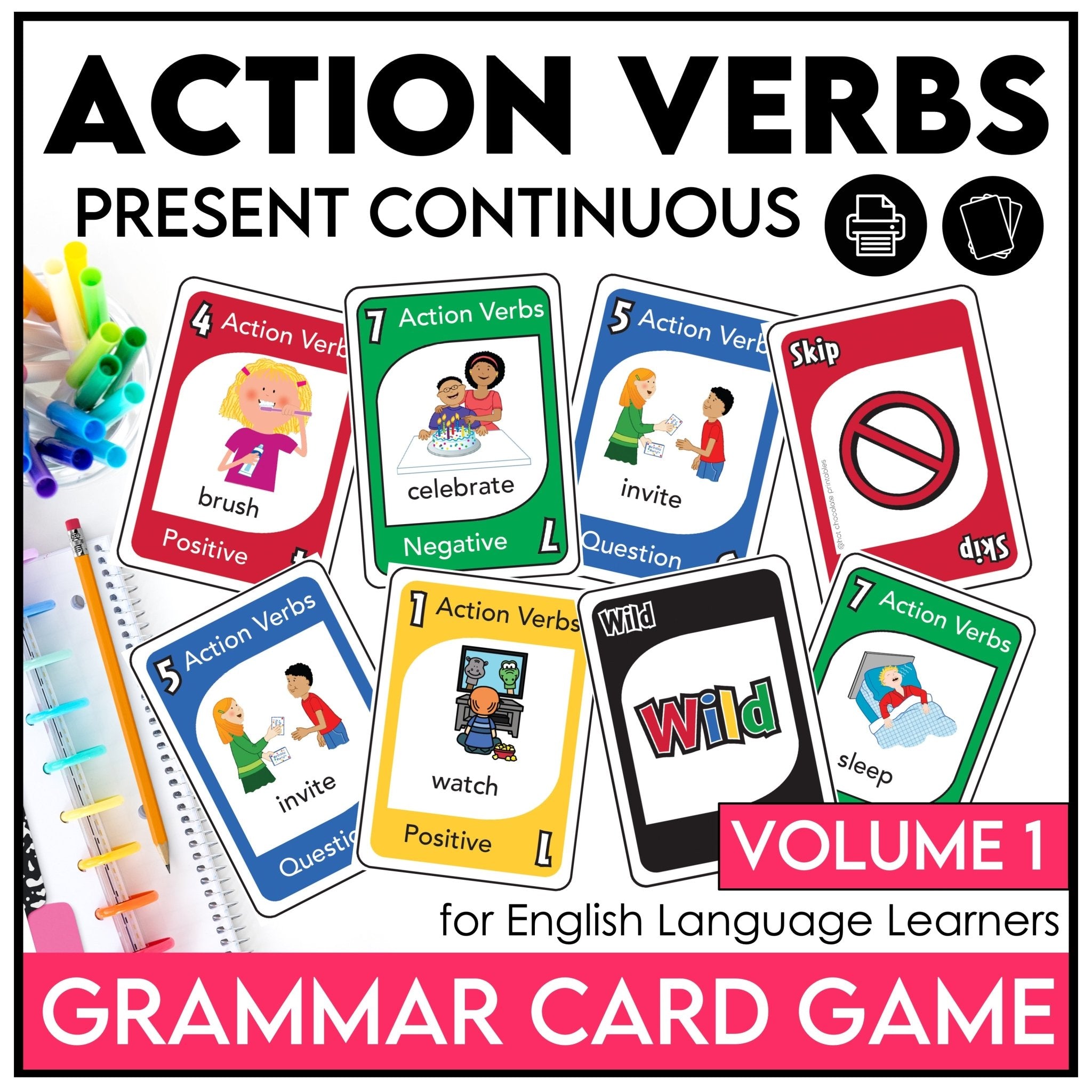 Action Verb Card Game : Present Continuous Tense - UNO Style