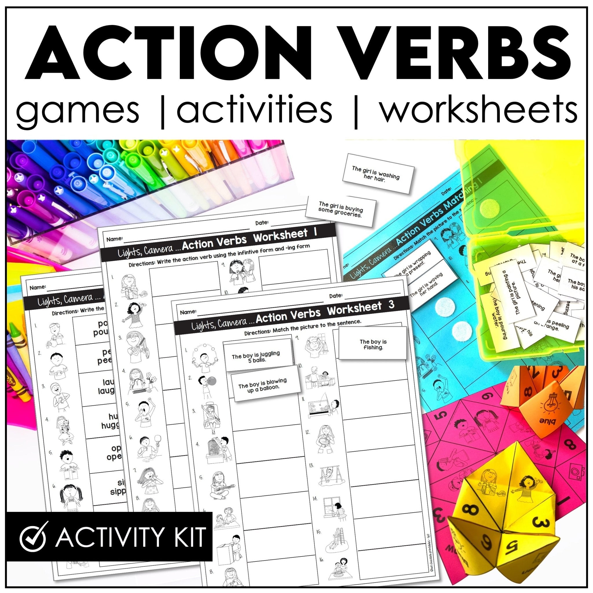 Action Verb Worksheet Pack + Cootie Catchers