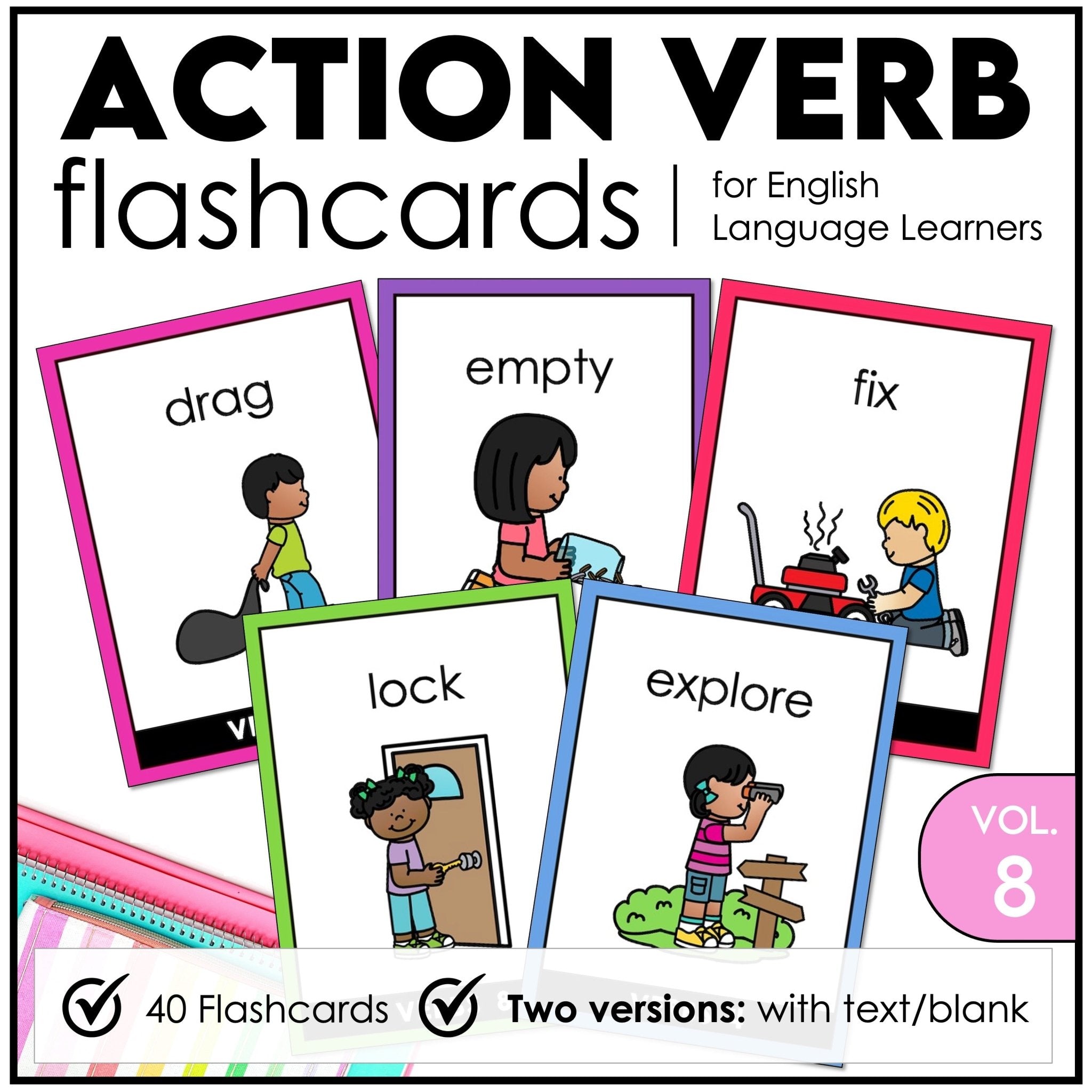 Action Verb Vocabulary Flashcards | ESL Flash Card Pack