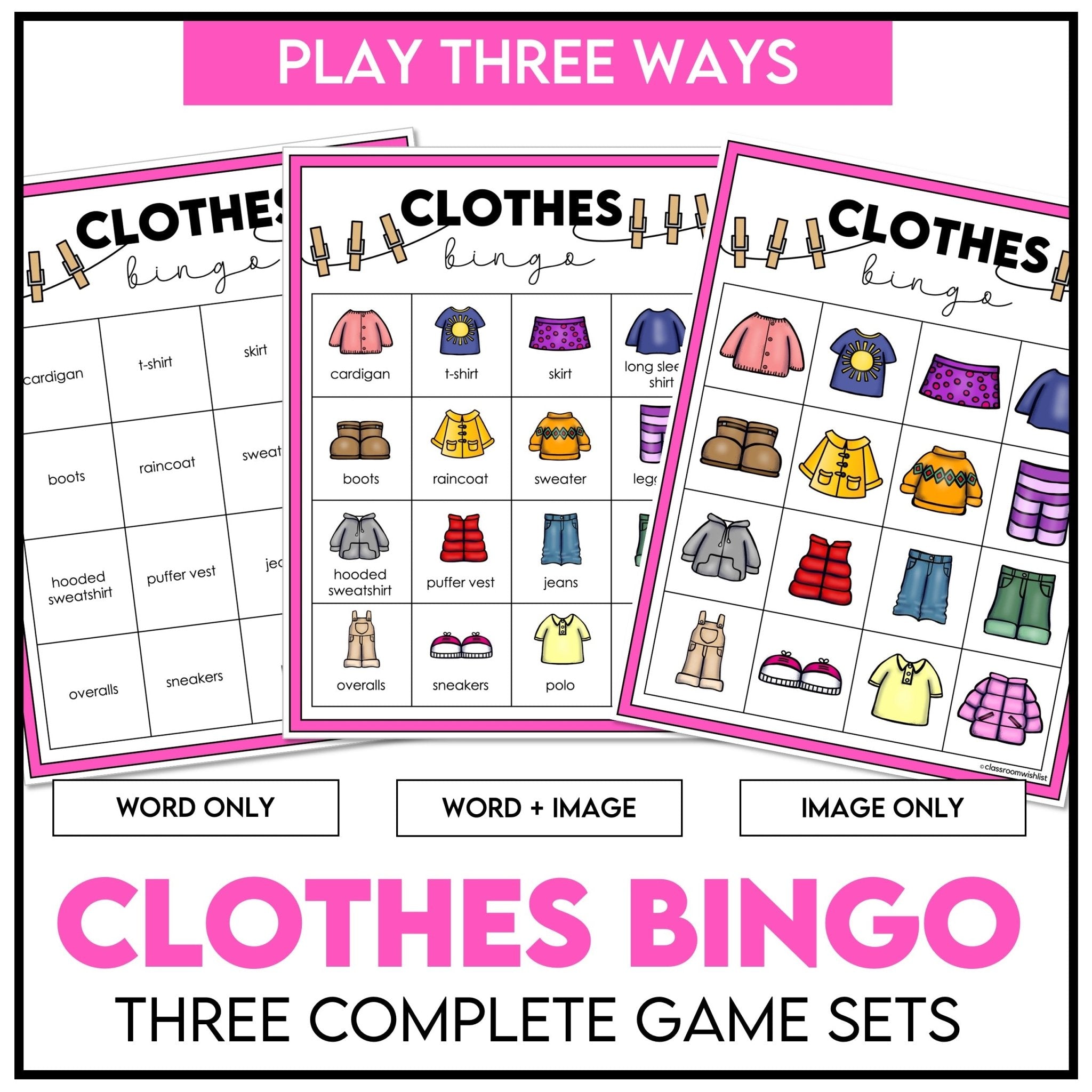 Clothes Bingo – Clothing Vocabulary Bingo Game Cards