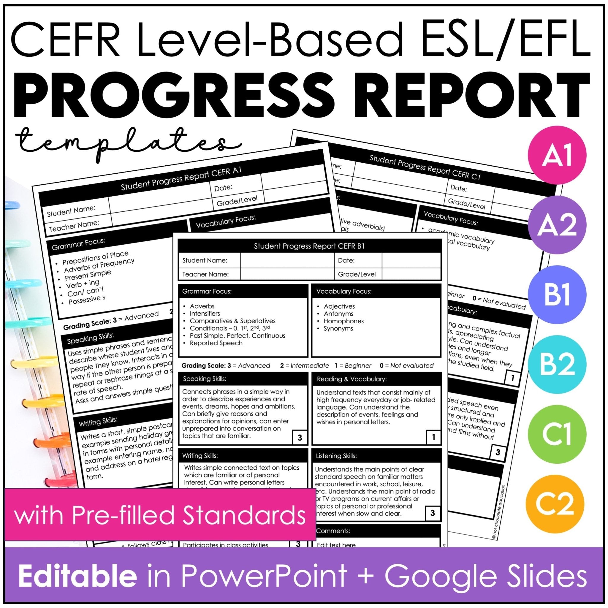 Editable ESL & EFL Progress Reports CEFR Alignment A1-C2