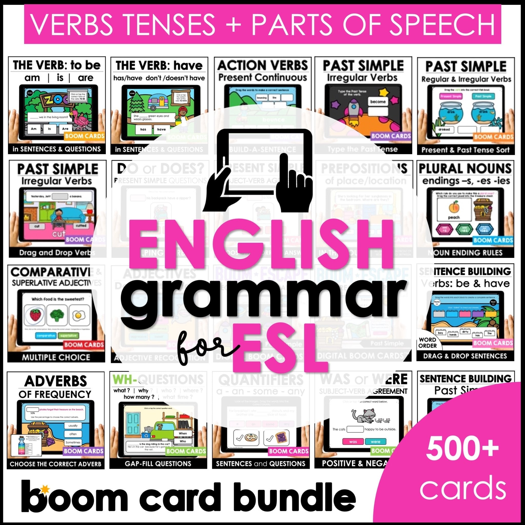 ESL Boom Card Bundle | Verb Tenses, Parts of Speech 20 Decks