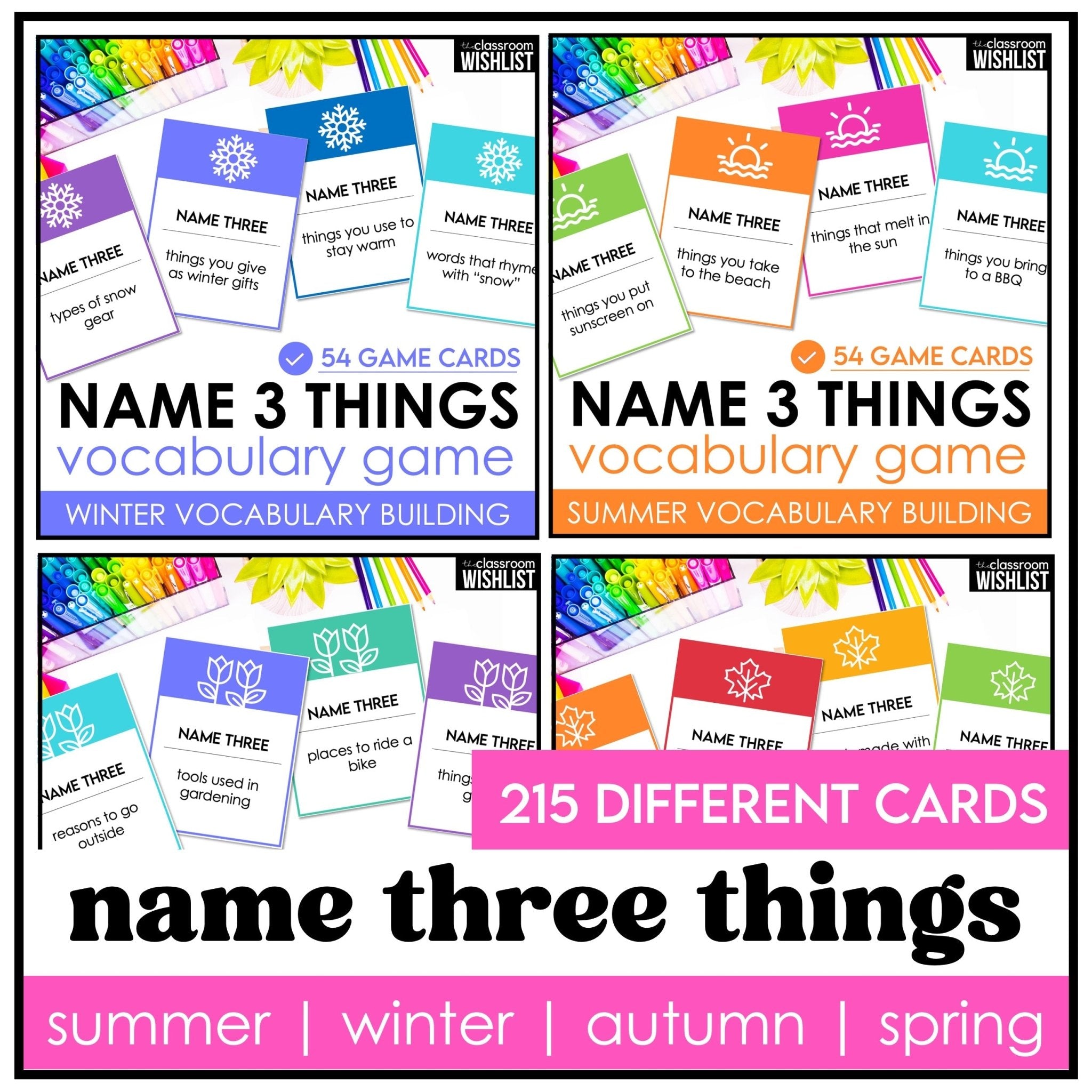 ESL Vocabulary Building Card Games | Name 3 Things Bundle