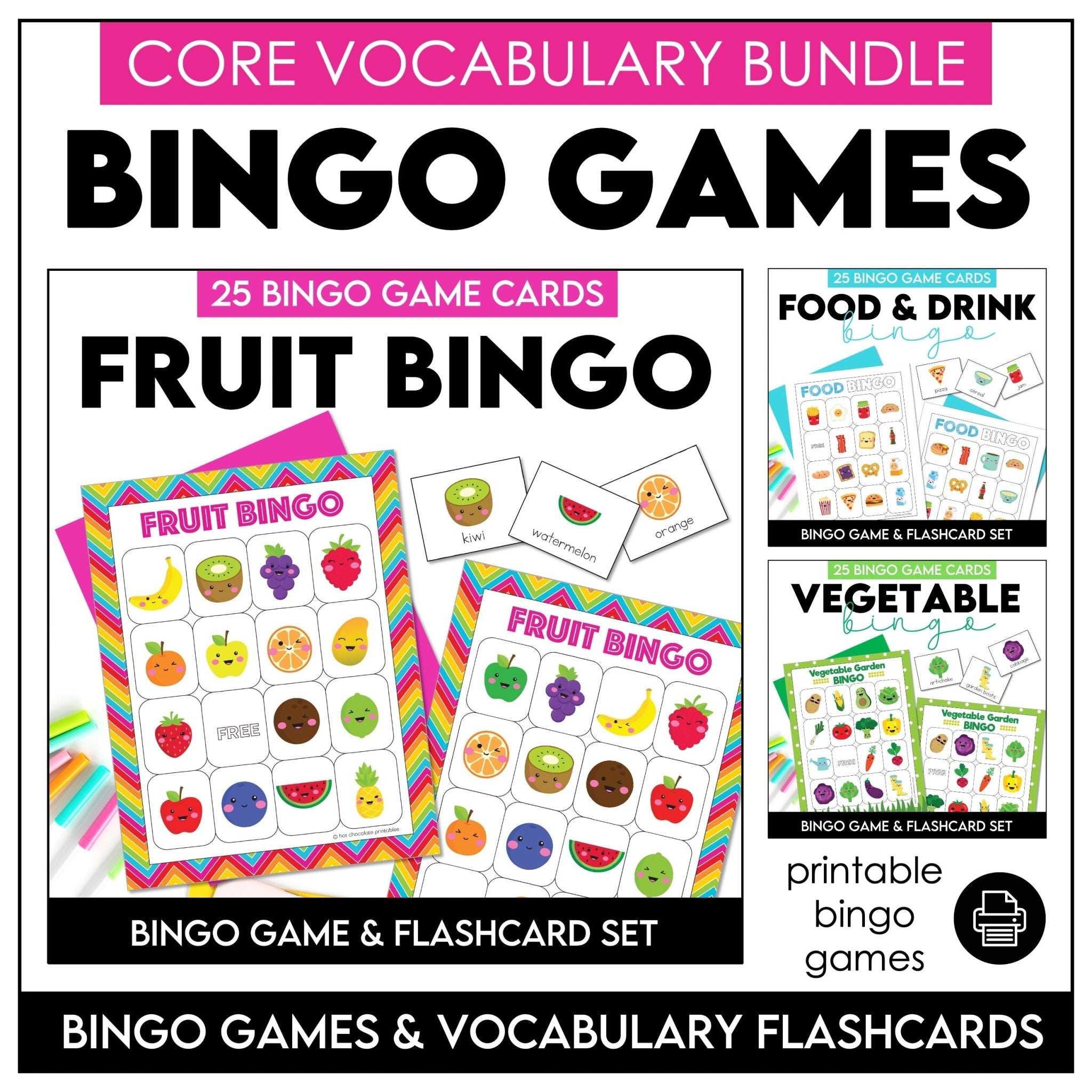 Food and Drink Vocabulary Bingo Game + Flashcard Bundle