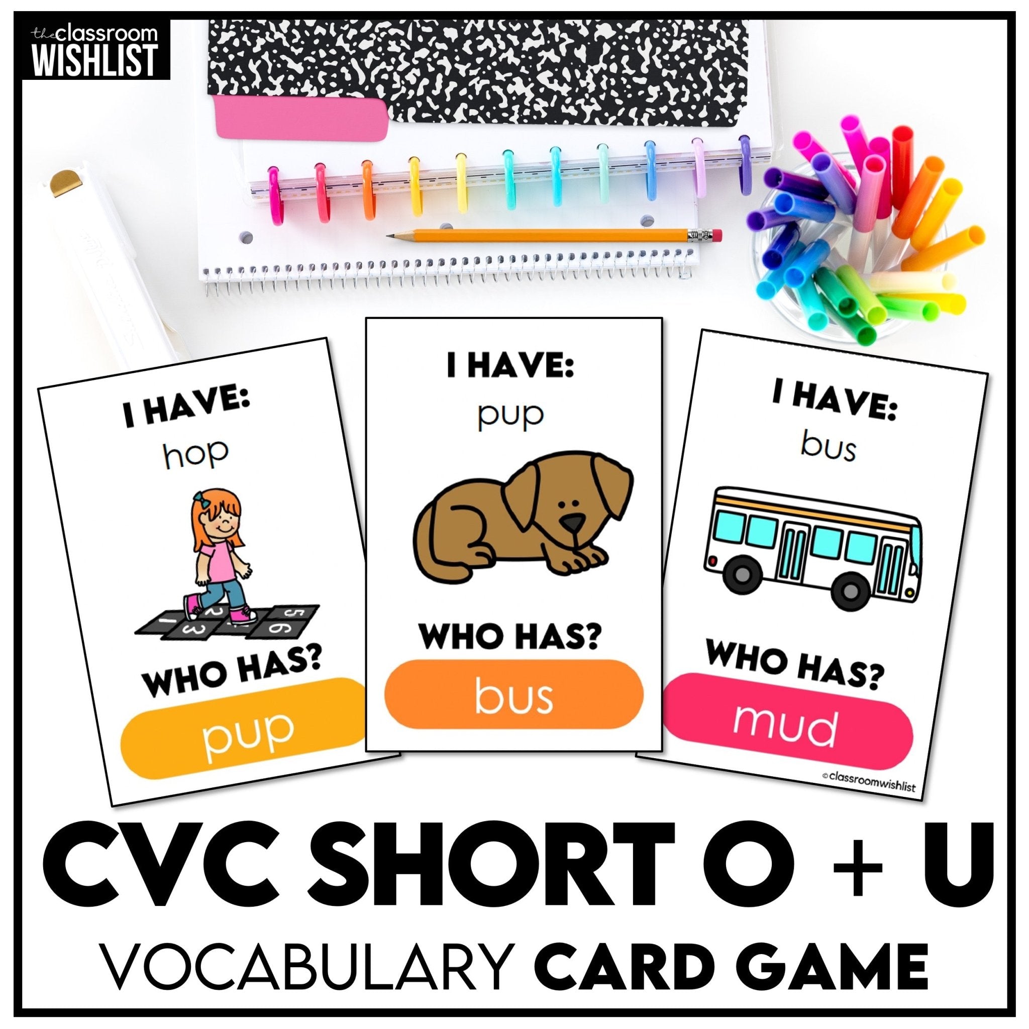 Literacy Card Game for CVC Short Vowels O-U