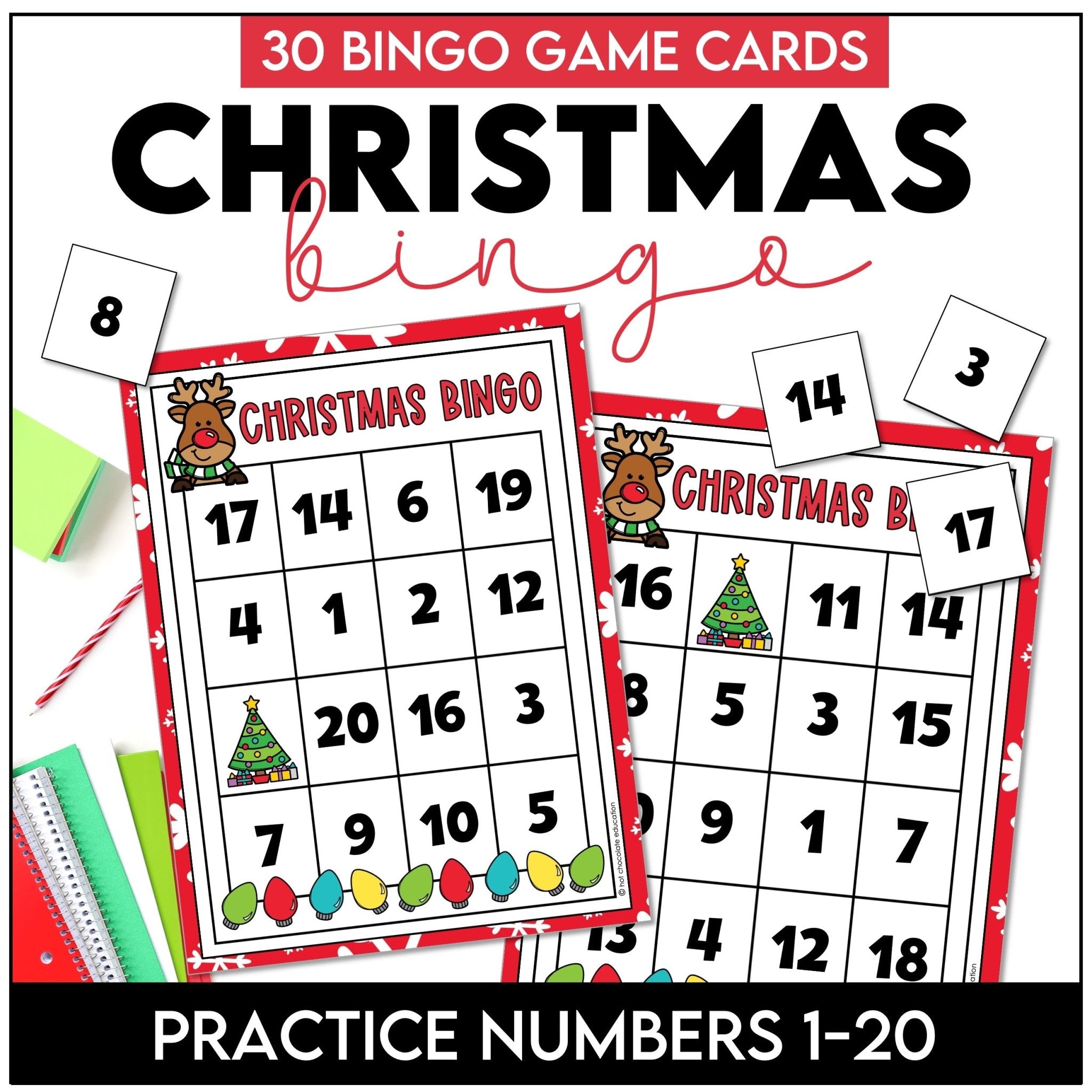 Christmas Number Bingo Game Cards - Practice Numbers 1 to 20