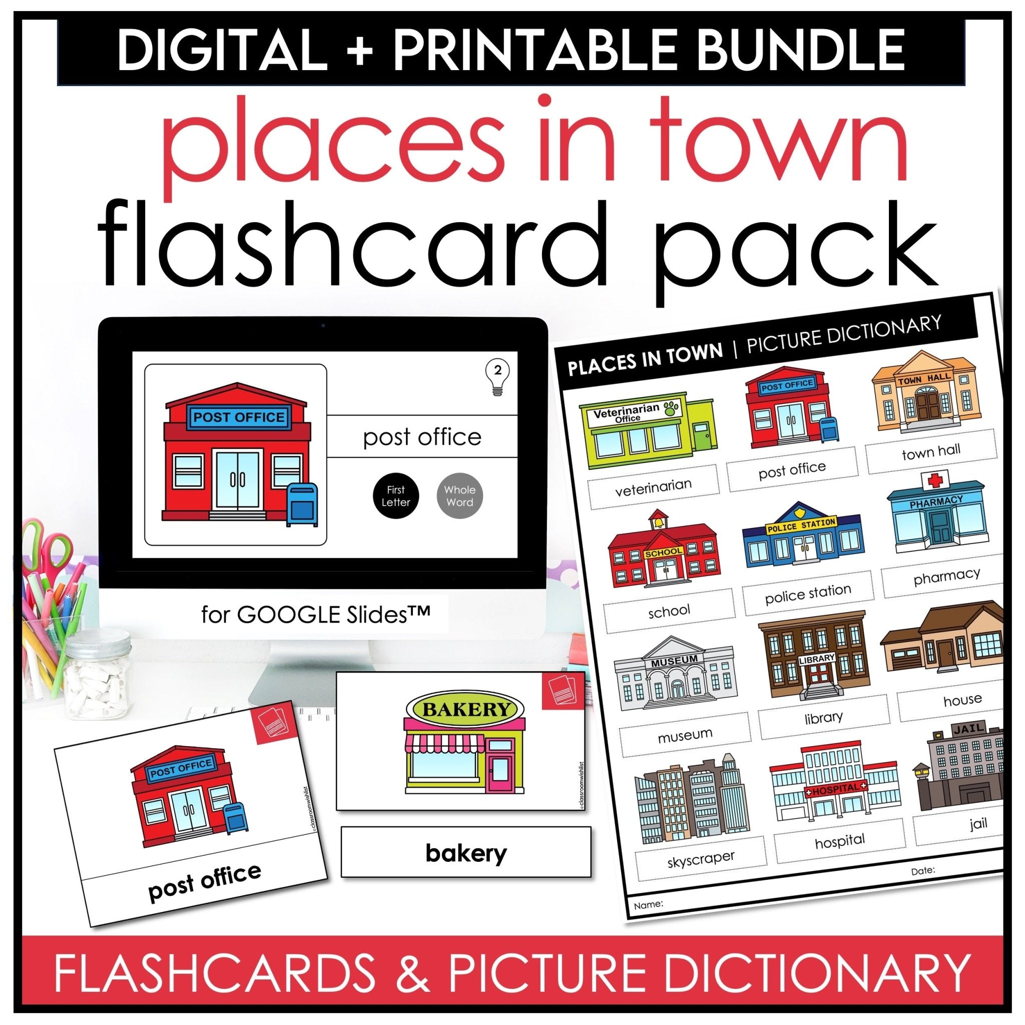 Places in Town Vocabulary Flashcards | City Buildings | ESL