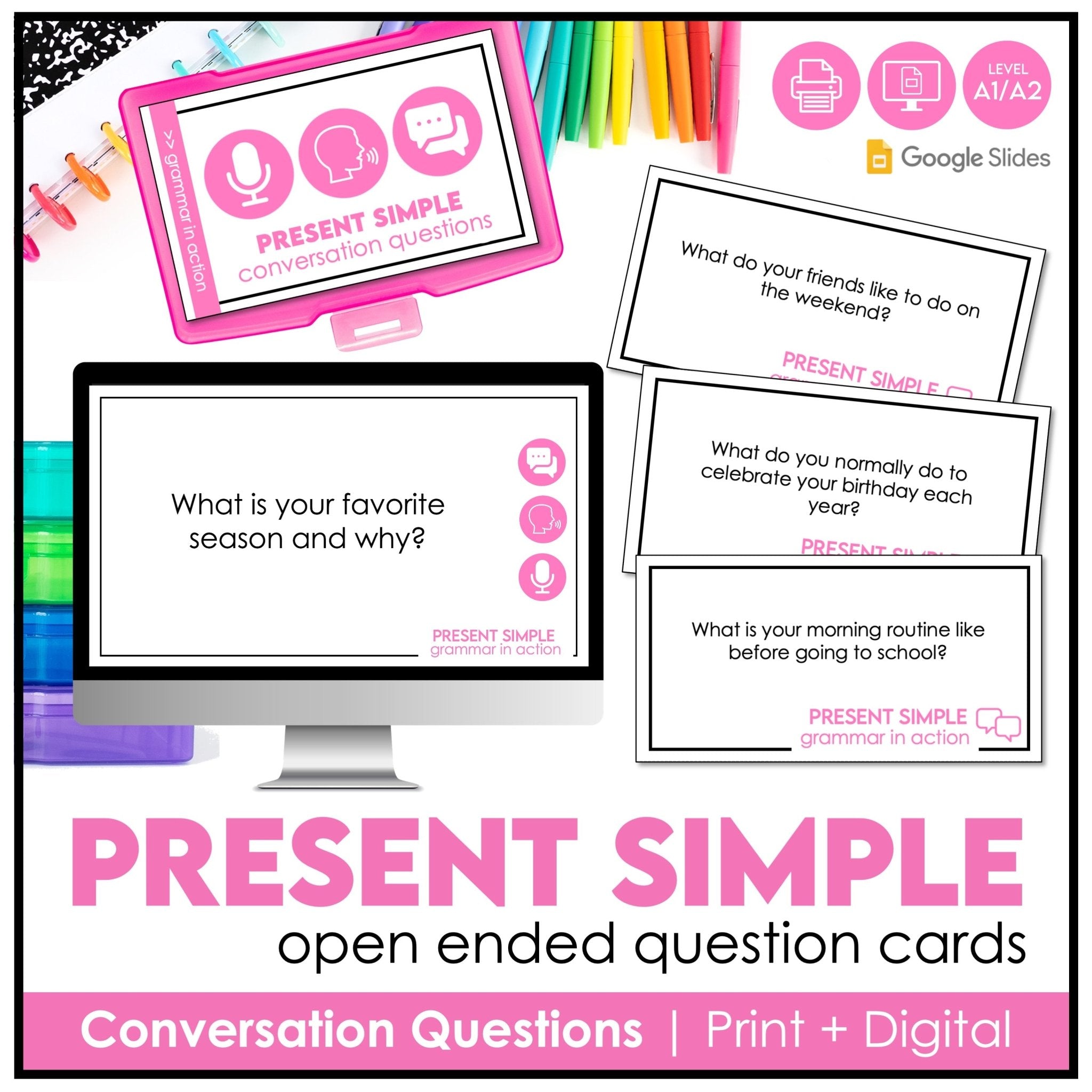 Present Simple ESL Conversation Cards – 60 Question Prompts