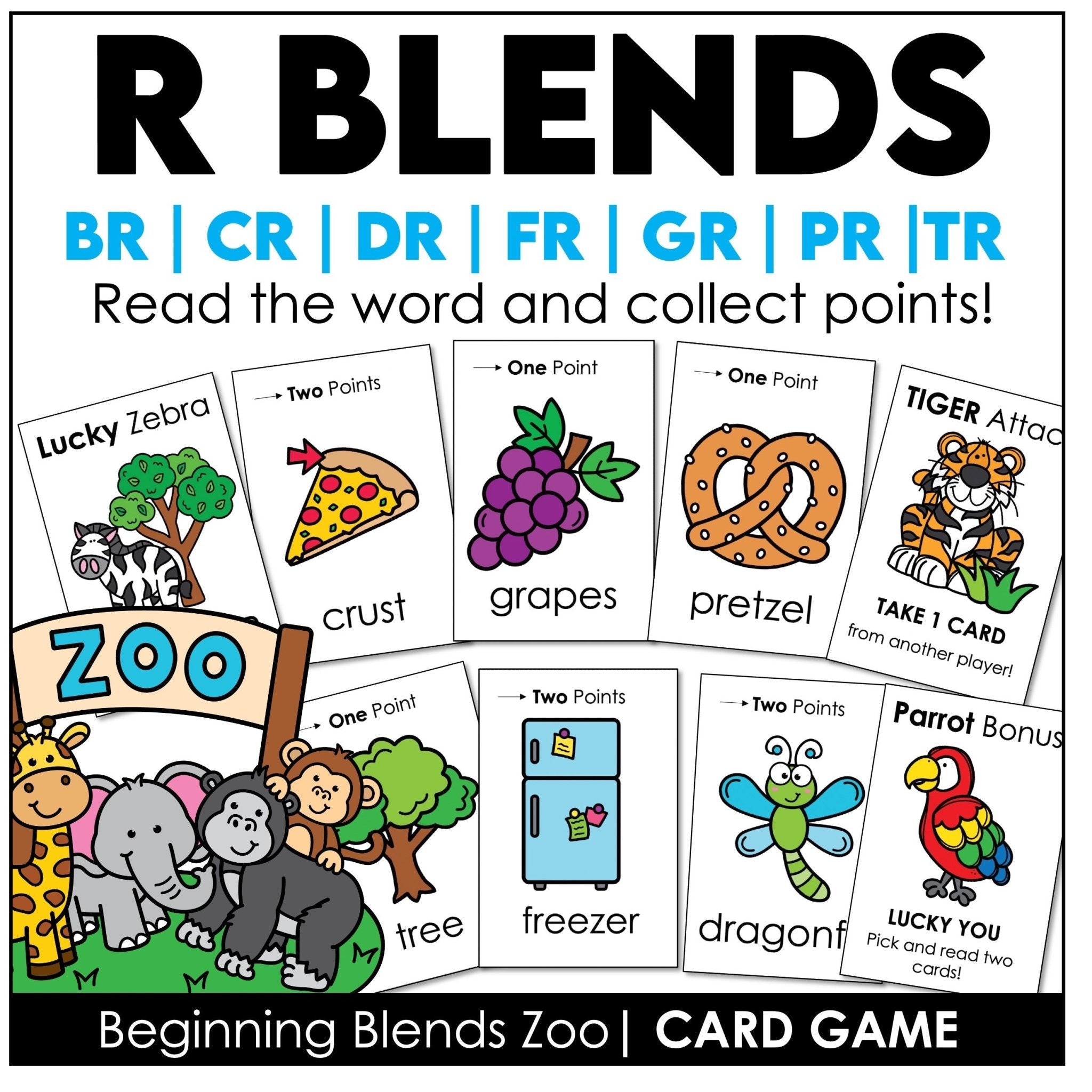 R Blends Phonics Card Game | Zoo Theme