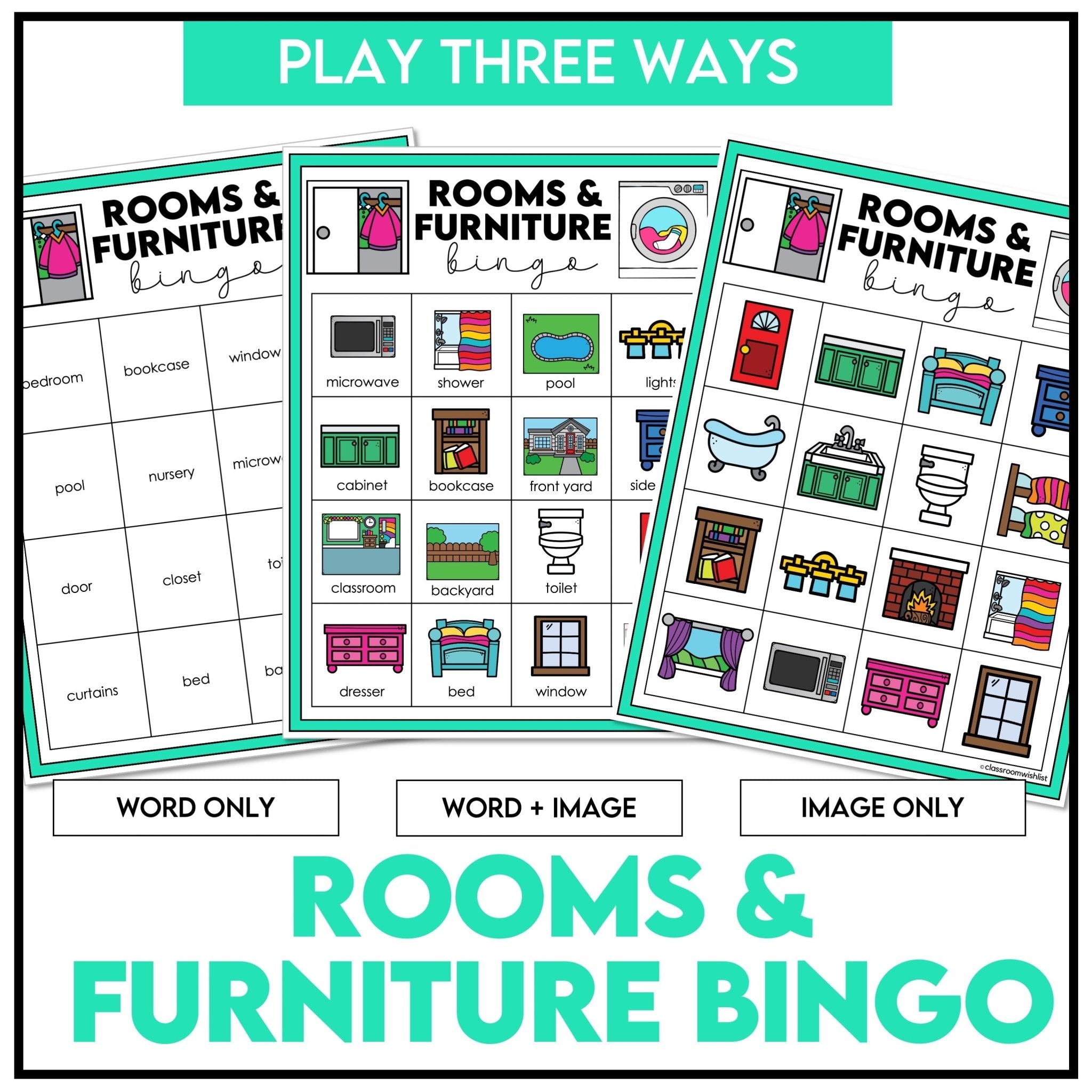 Rooms and Furniture in a House Bingo – 30 Game Cards
