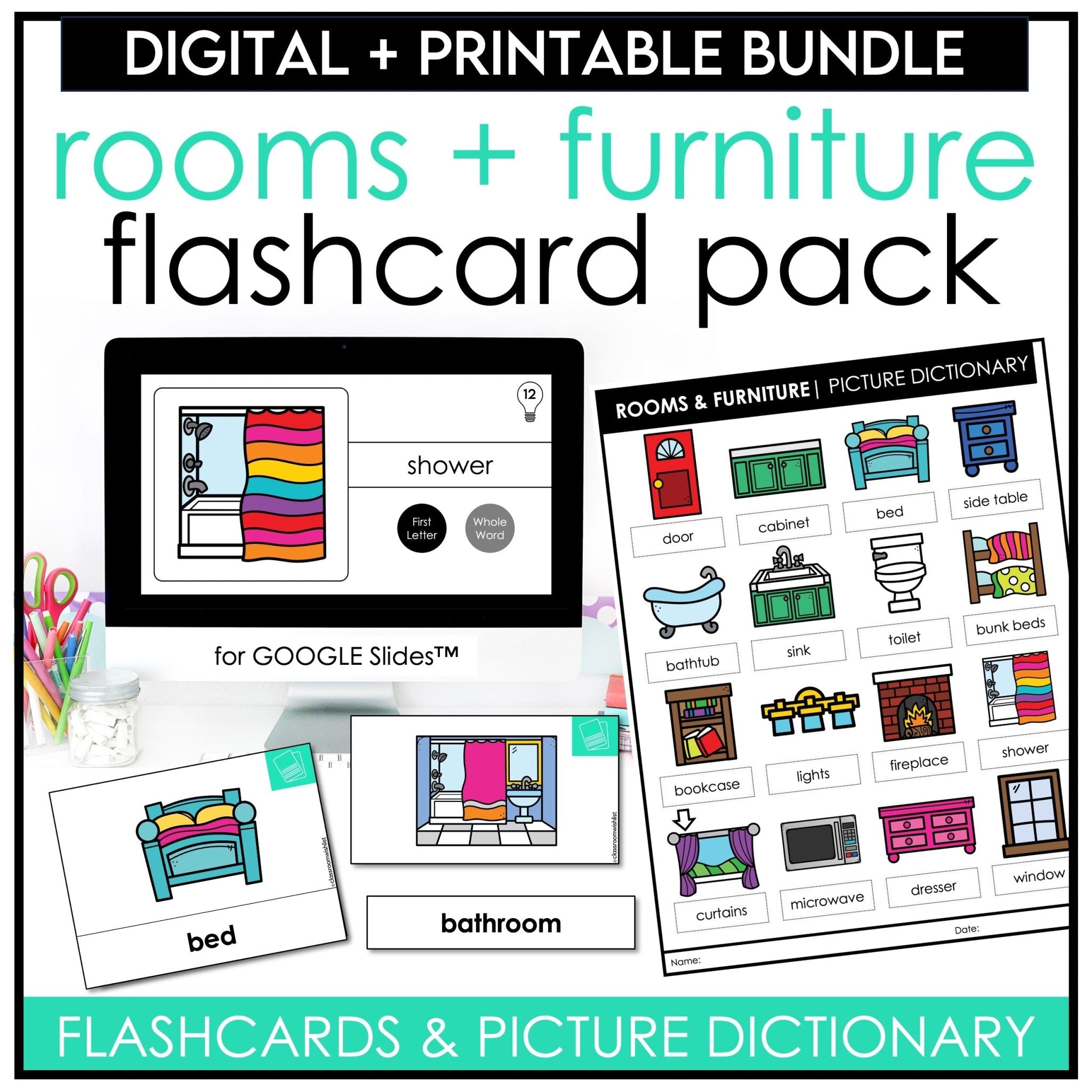 ESL Rooms & Furniture Vocabulary Flashcard Bundle