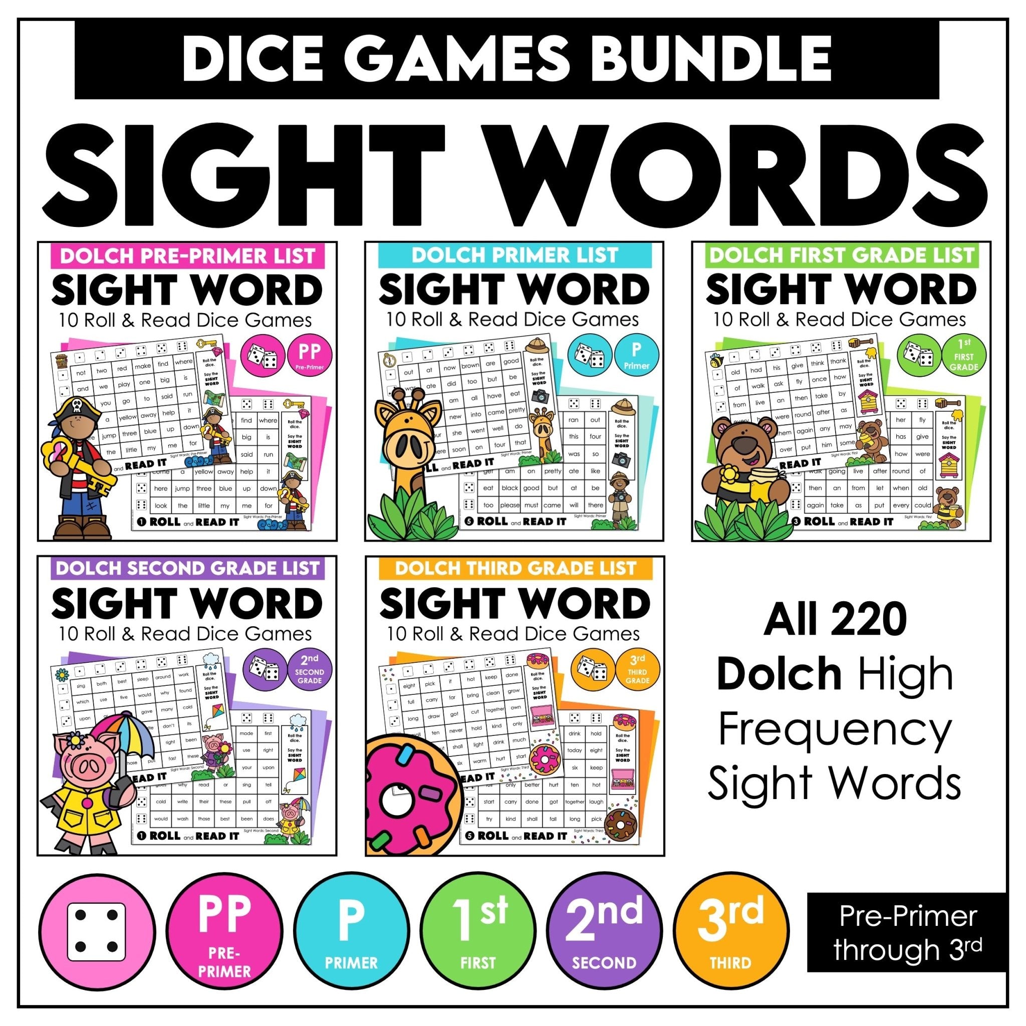 Dolch Sight Words Dice Games Bundle Pre-Primer–3rd