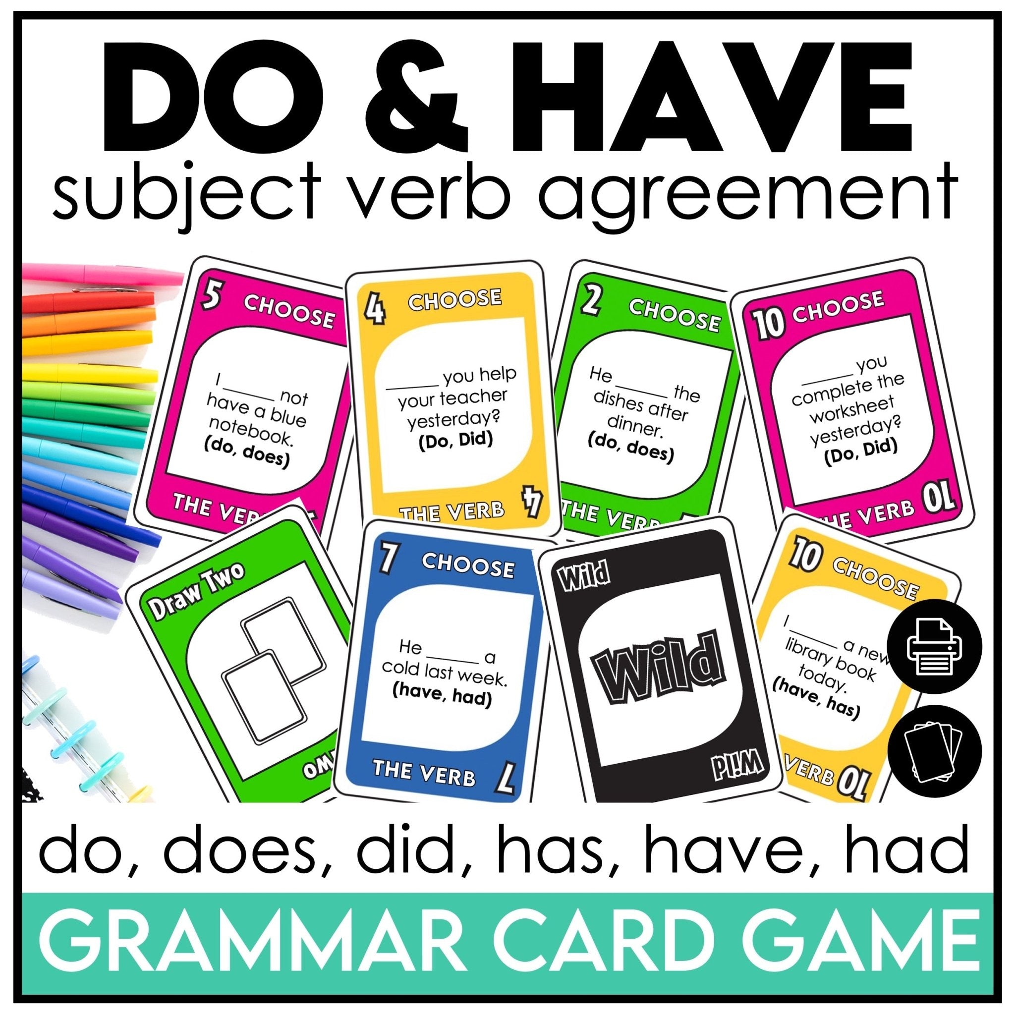 Subject Verb Agreement Grammar Card Game