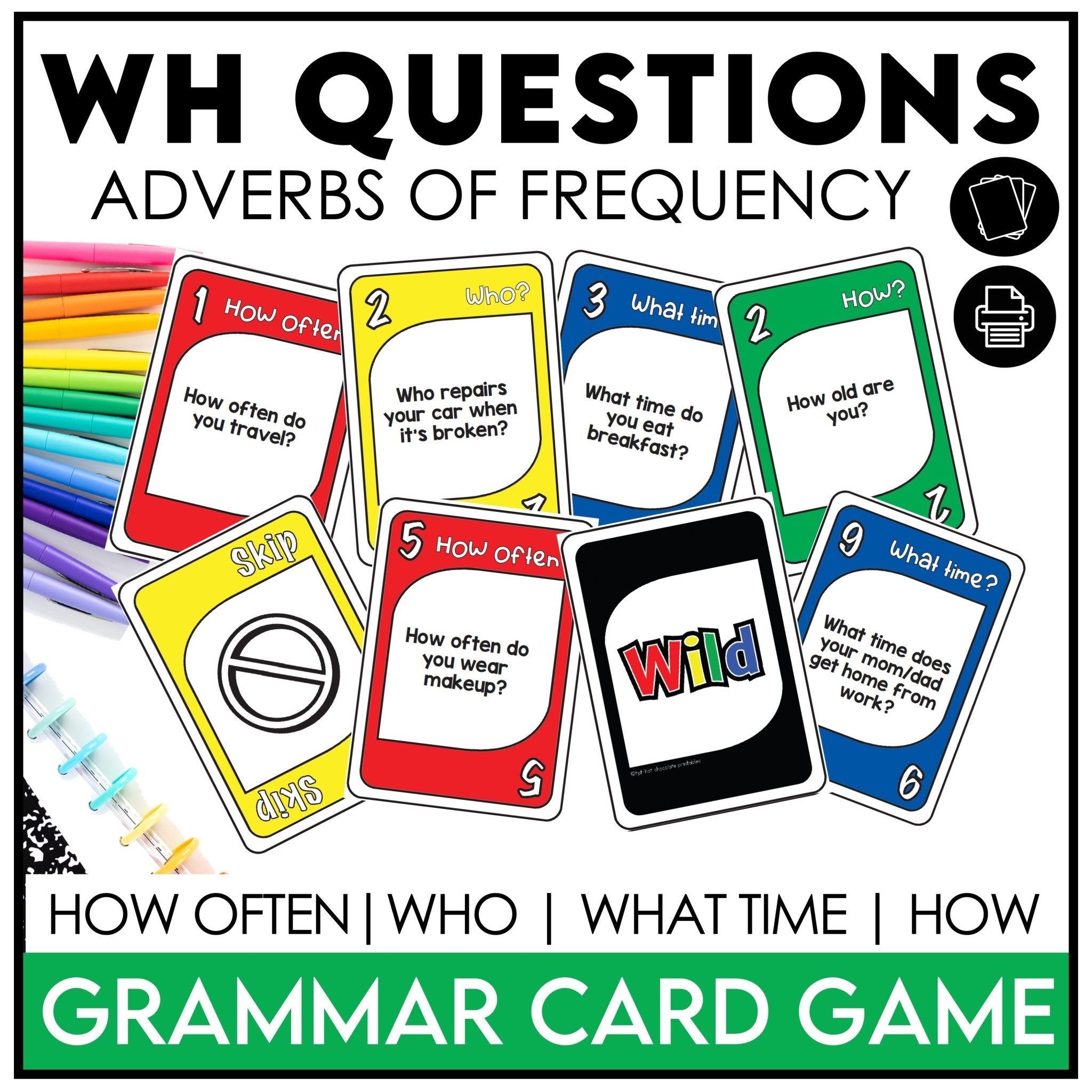 WH Question Card Game - How often, Who, What time?