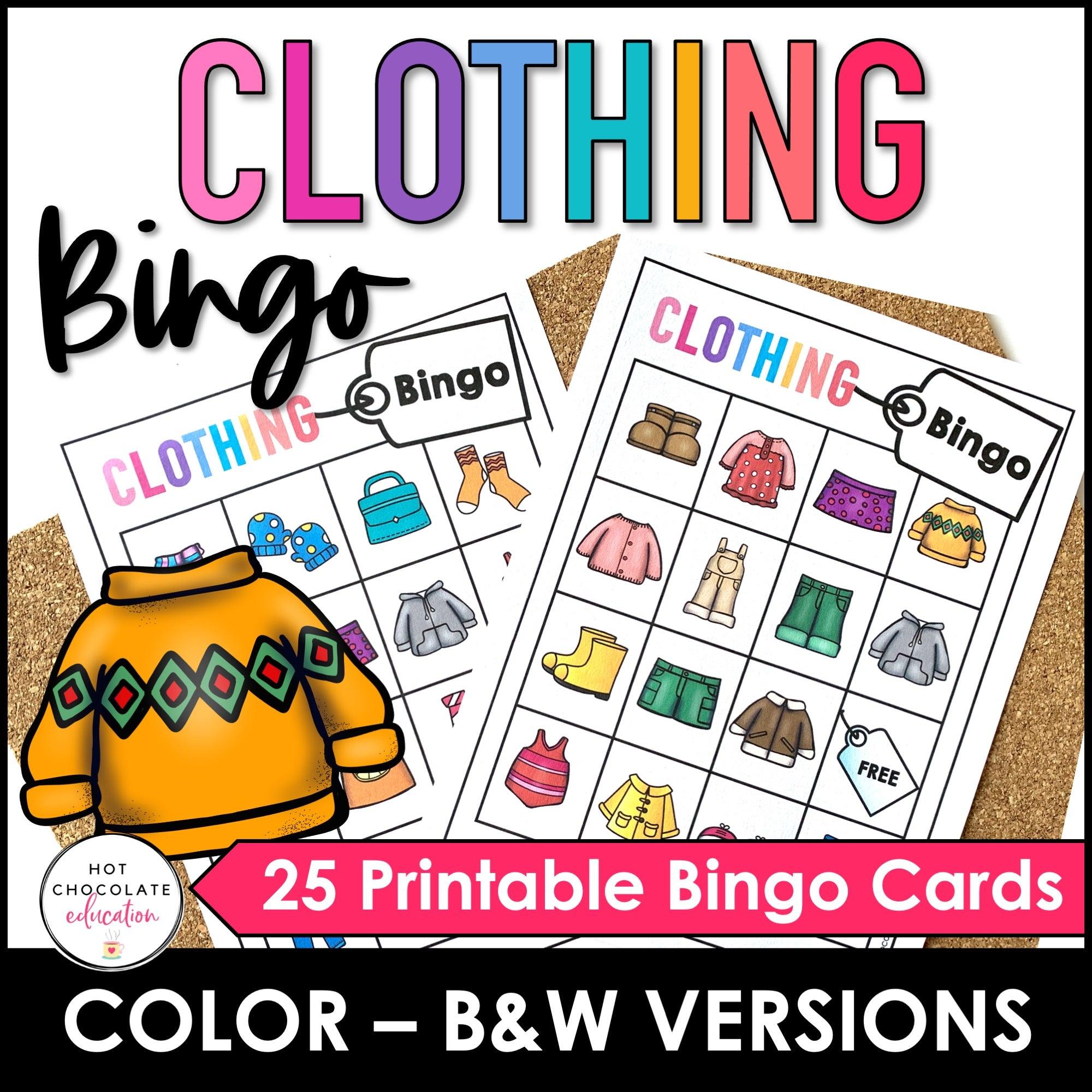 Clothes BINGO Game: Printable Clothing Vocabulary Game Board