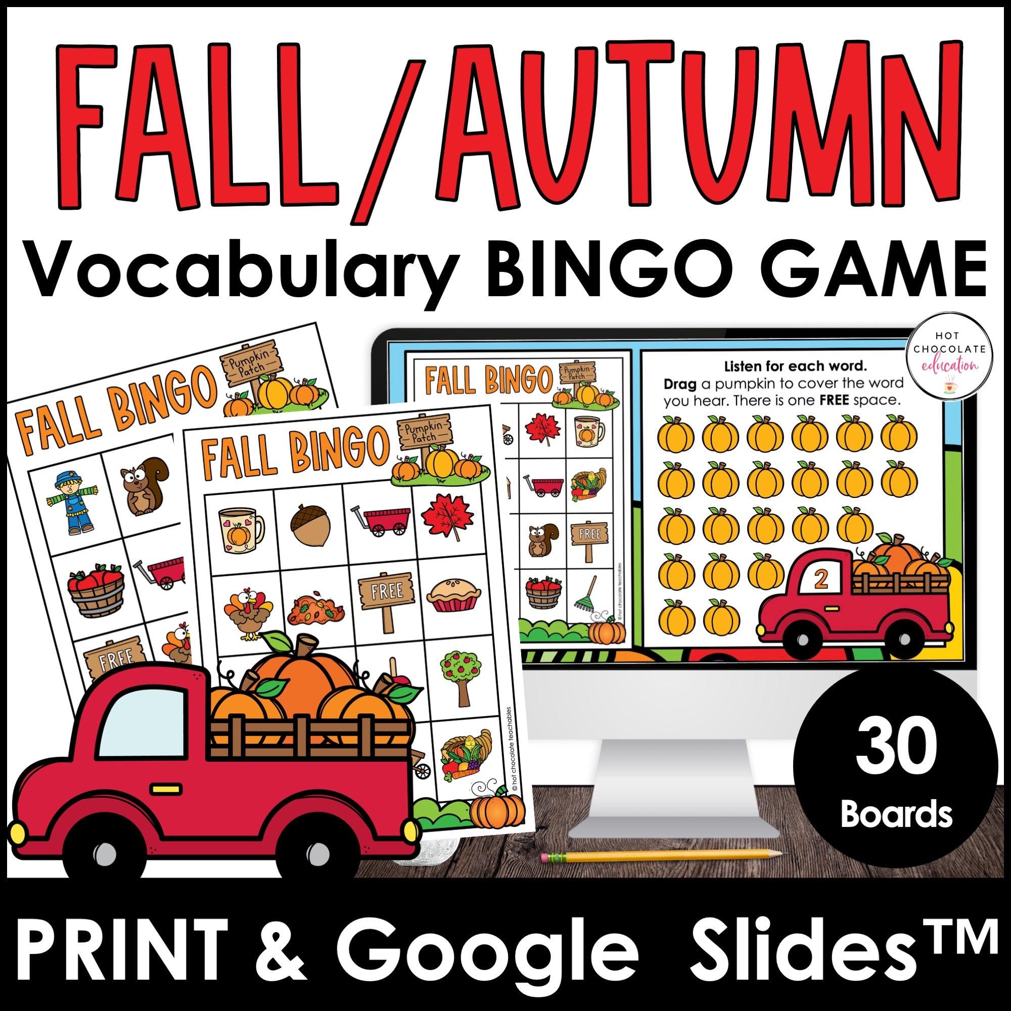 Fall Theme Vocabulary Bingo Game - Print & Digital BUNDLE