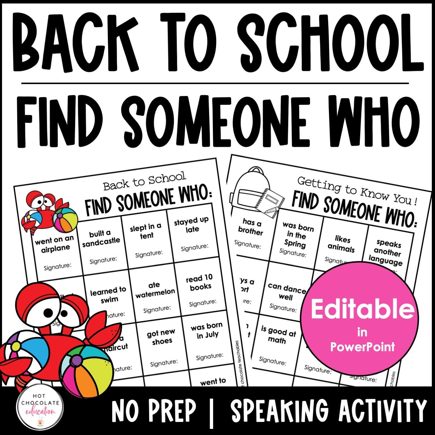 Editable BACK TO SCHOOL Speaking Activity - Find Someone Who