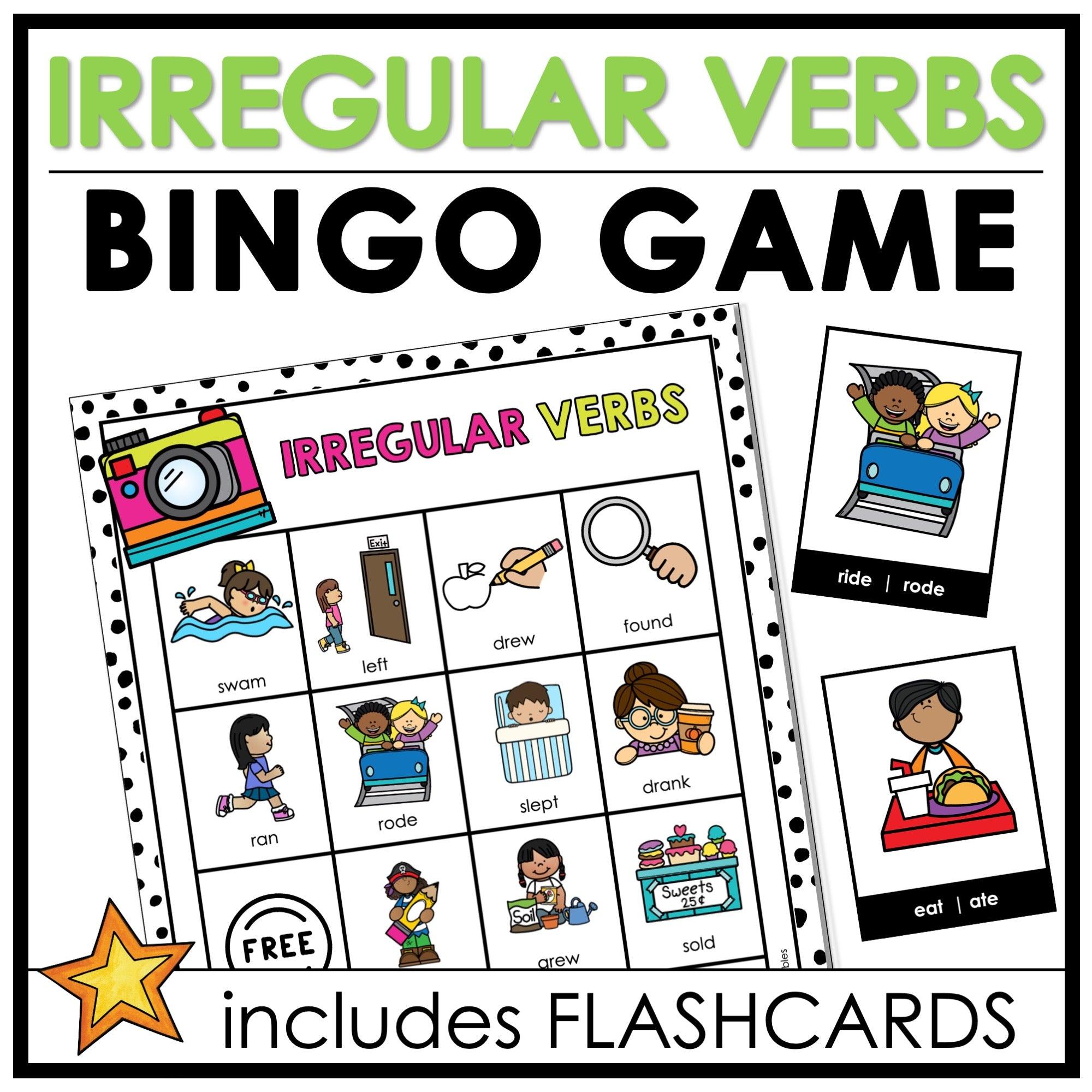Irregular Verbs Bingo Game | Past Tense Verbs + Flashcards