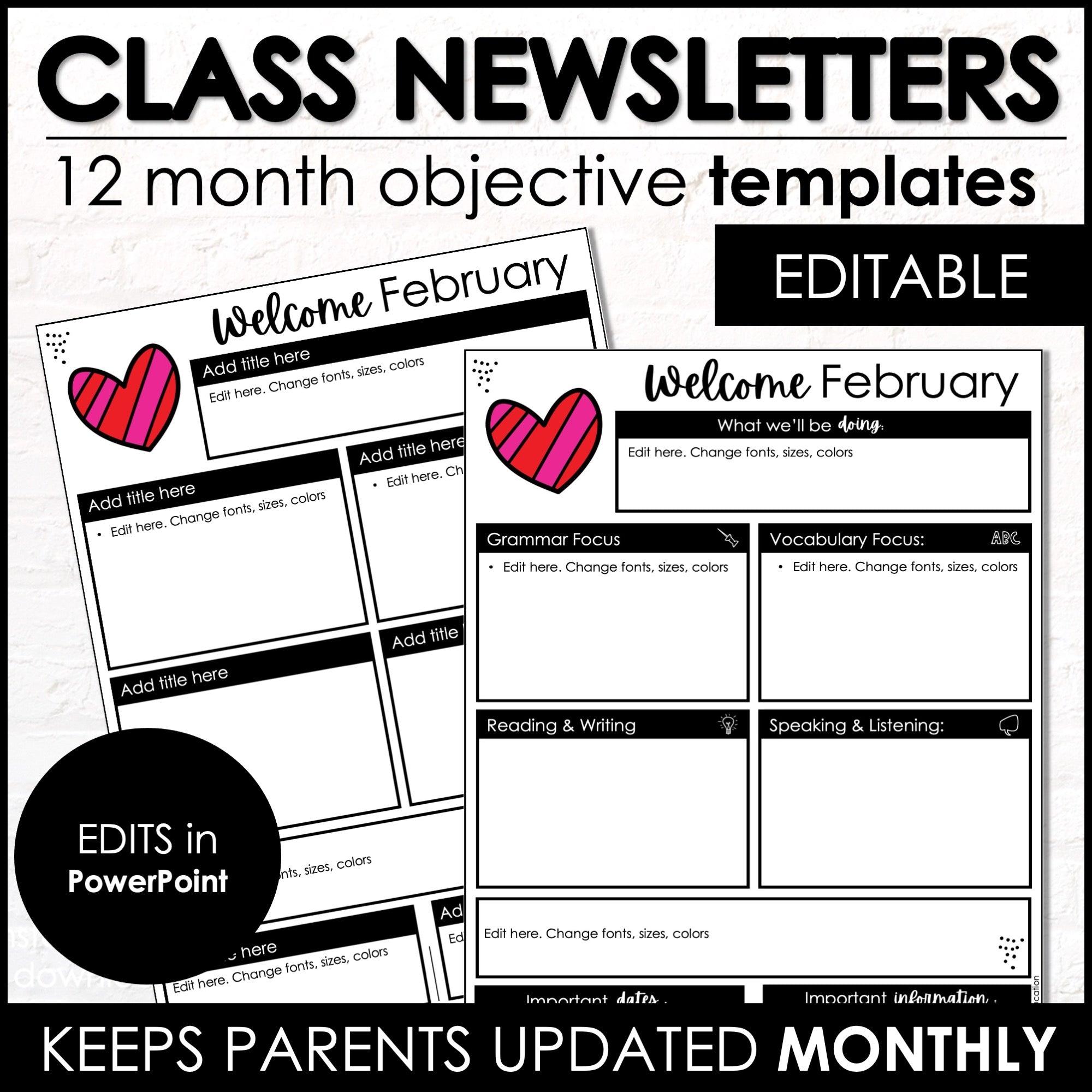 Monthly Parent Newsletters - Editable Classroom Objectives