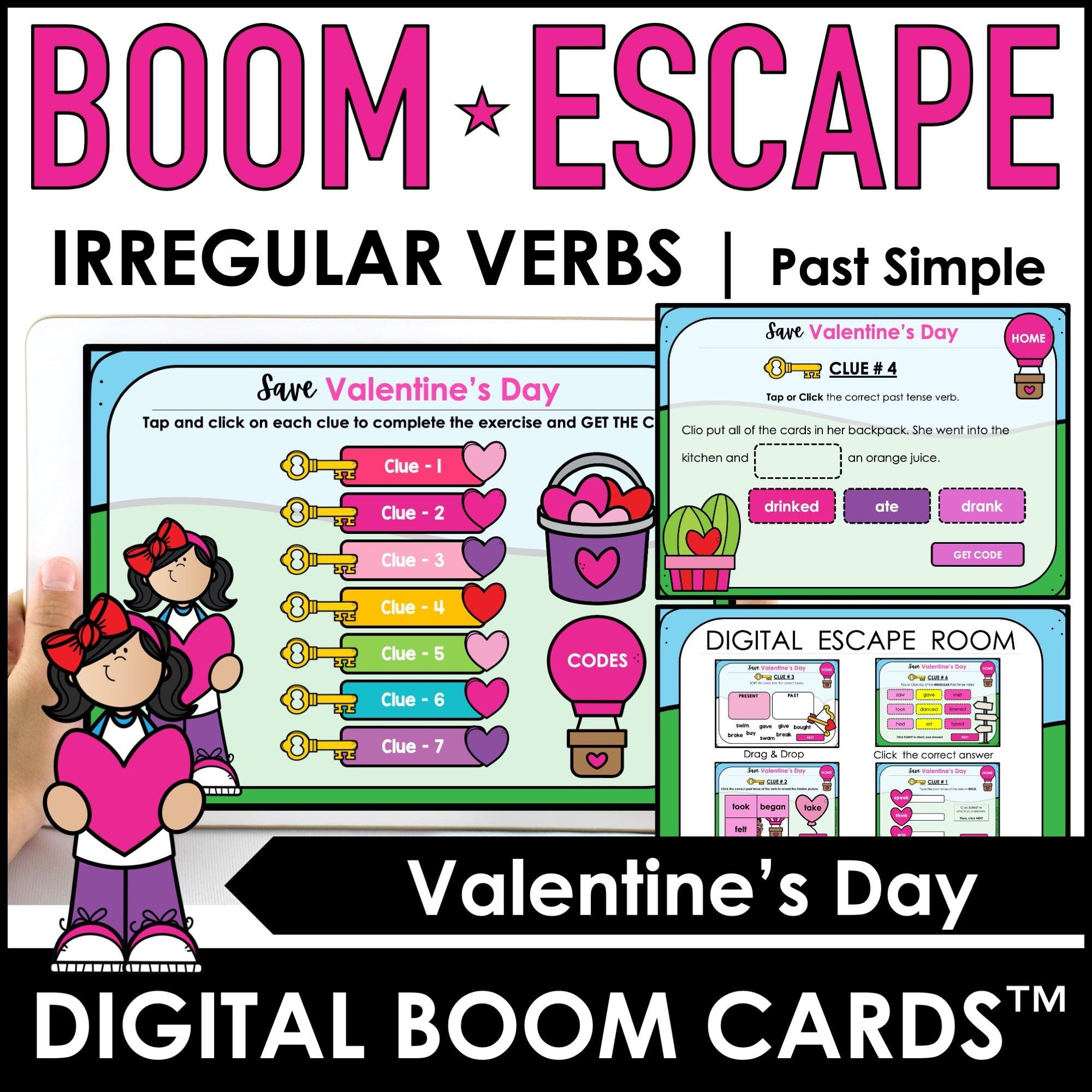 Valentine's Day Escape Room: Past Tense Verb BOOM CARDS
