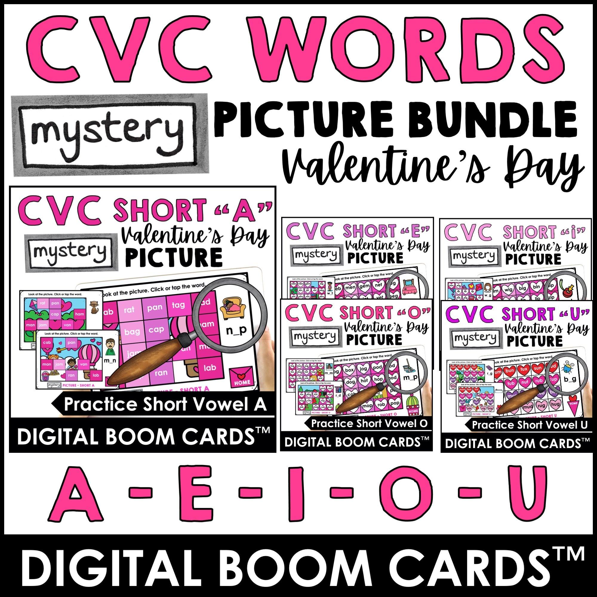 Valentine's Day CVC Word Bundle: Short Vowels A, E, I, O, U