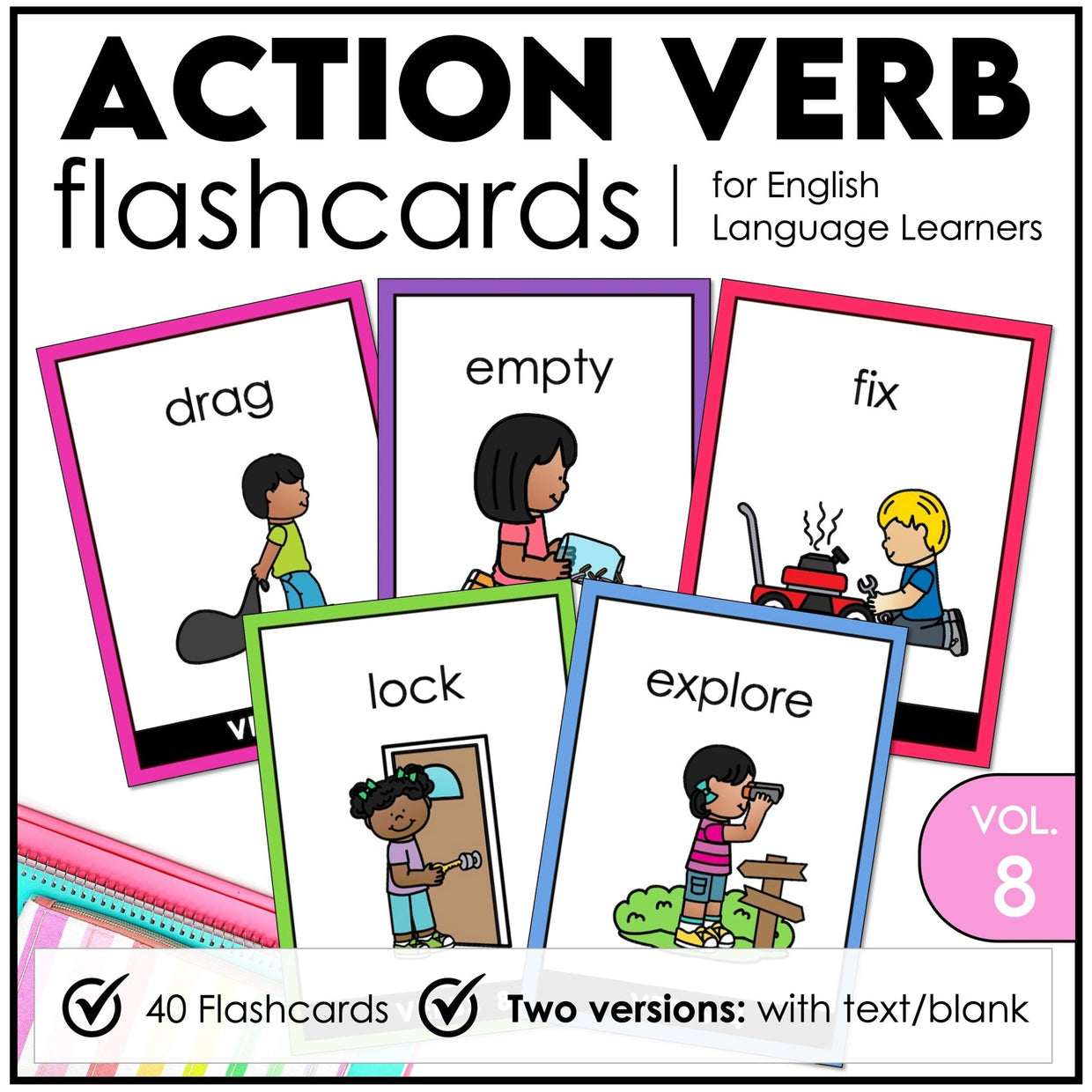 Action Verb Vocabulary Flashcards | ESL Flash Card Pack