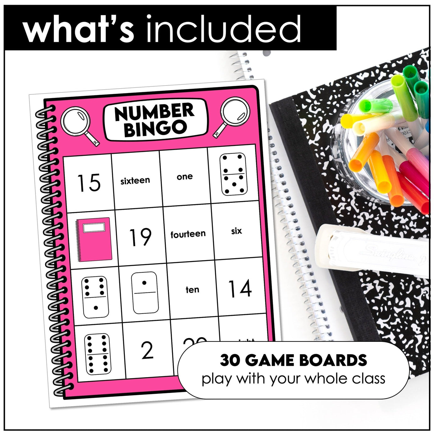 Bingo Game Numbers 1-20: Words, Numerals & Dominoes