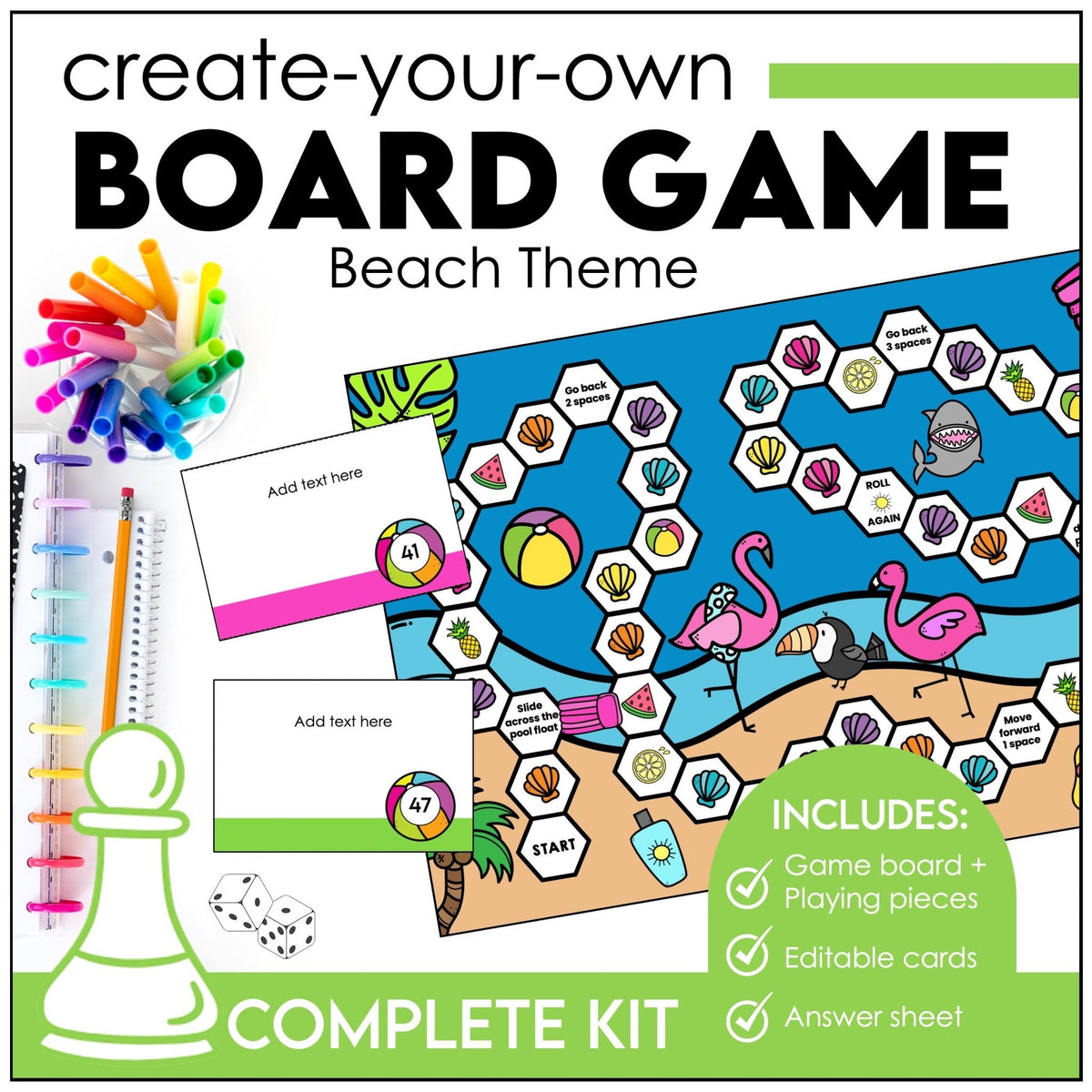 Board Game Template for any Subject with Editable Game Cards - Beach T ...