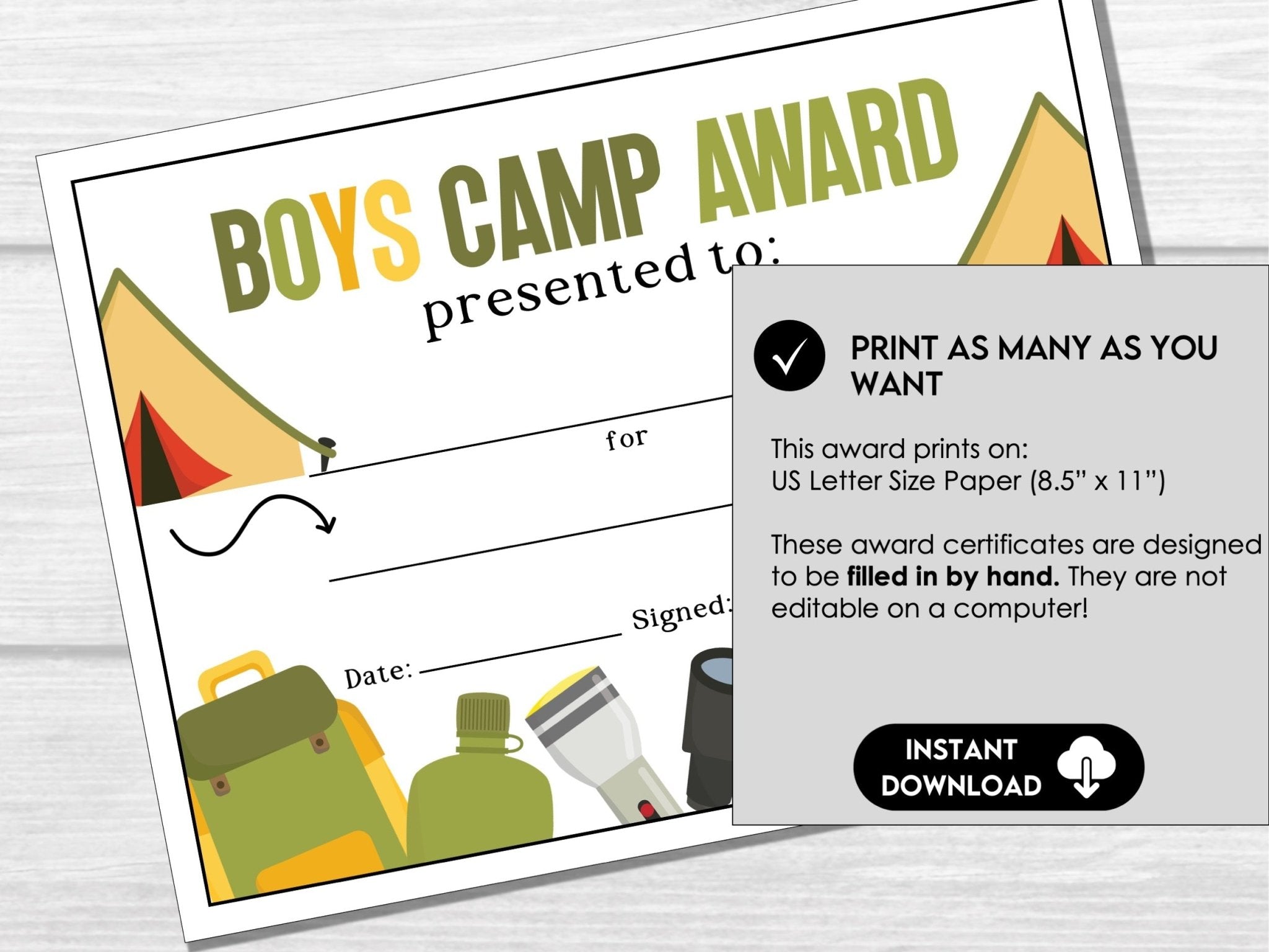 Boys Camp Awards, Summer Camp Certificate for Kids, Printable Certific ...