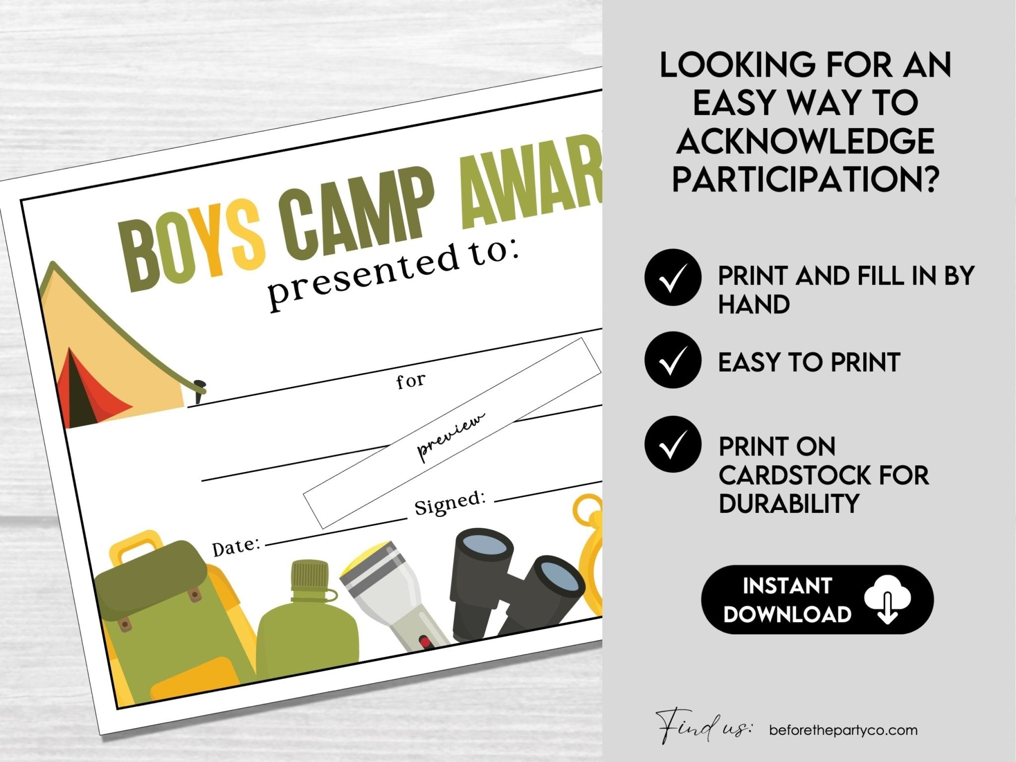 Boys Camp Awards, Summer Camp Certificate for Kids, Printable Certific ...