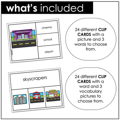 City Vocabulary CLIP CARD activity task cards | Shops and Buildings in ...