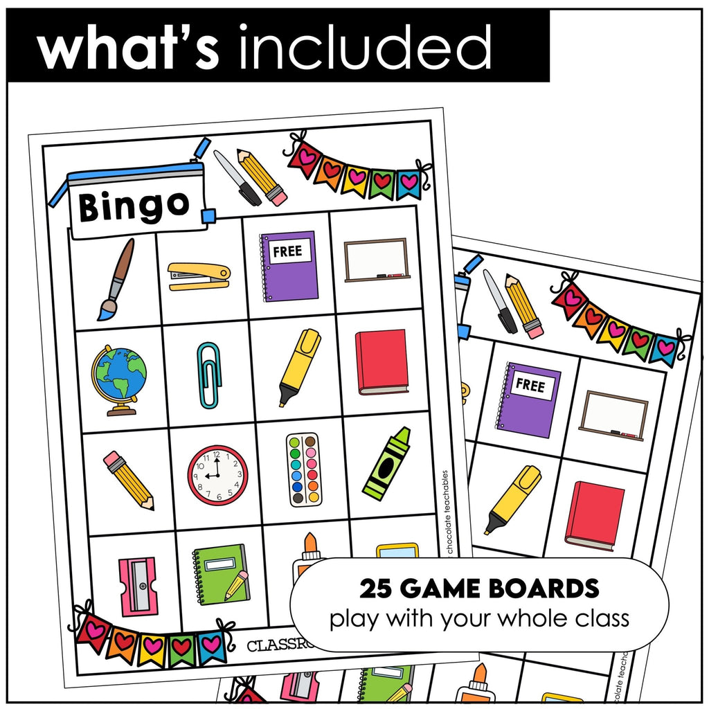 Classroom & School Supplies Bingo Game - Vocabulary Building – Hot ...