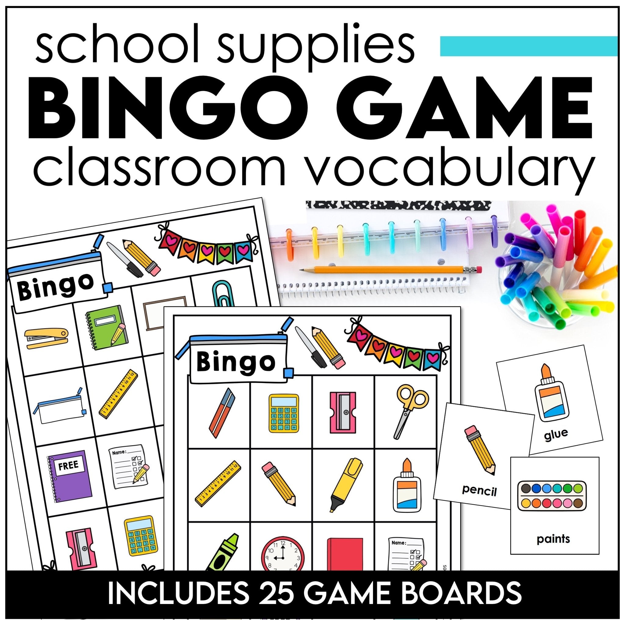 Classroom & School Supplies Bingo Game - Vocabulary Building – Hot ...