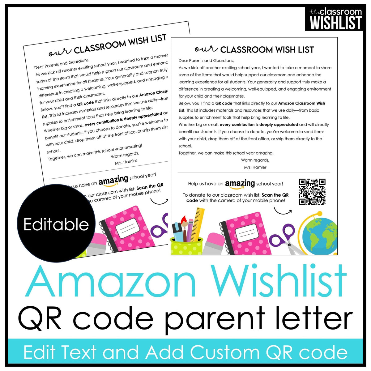 Classroom Wish List Editable Parent Letter with QR Code for Back To Sc ...