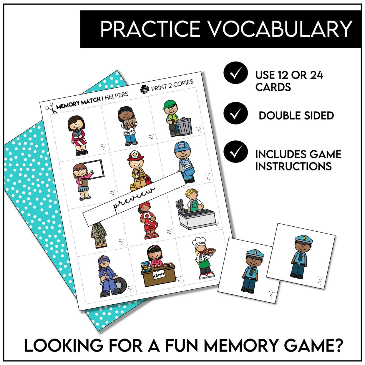 Community Helpers Memory Game | Job Vocabulary Picture Match