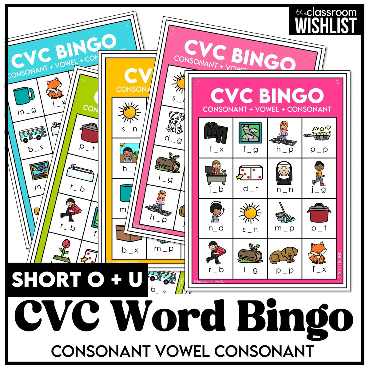 CVC Short O & U - Missing Vowel Bingo Game - Reading Practice Bingo ...