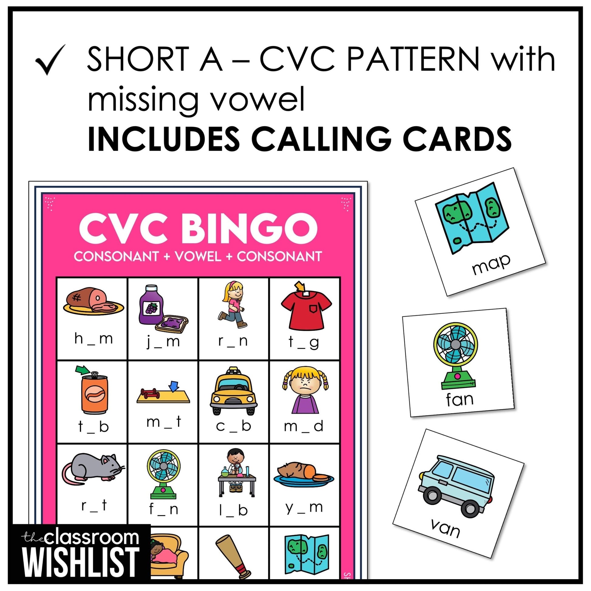 CVC Word Bingo Game - Short A - Missing Vowel Practice