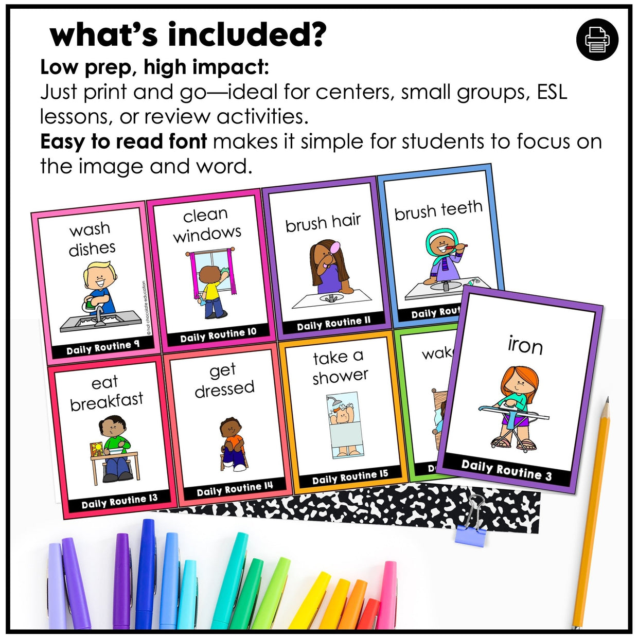 Basic Verbs & Chores Flashcards: ESL Task Cards