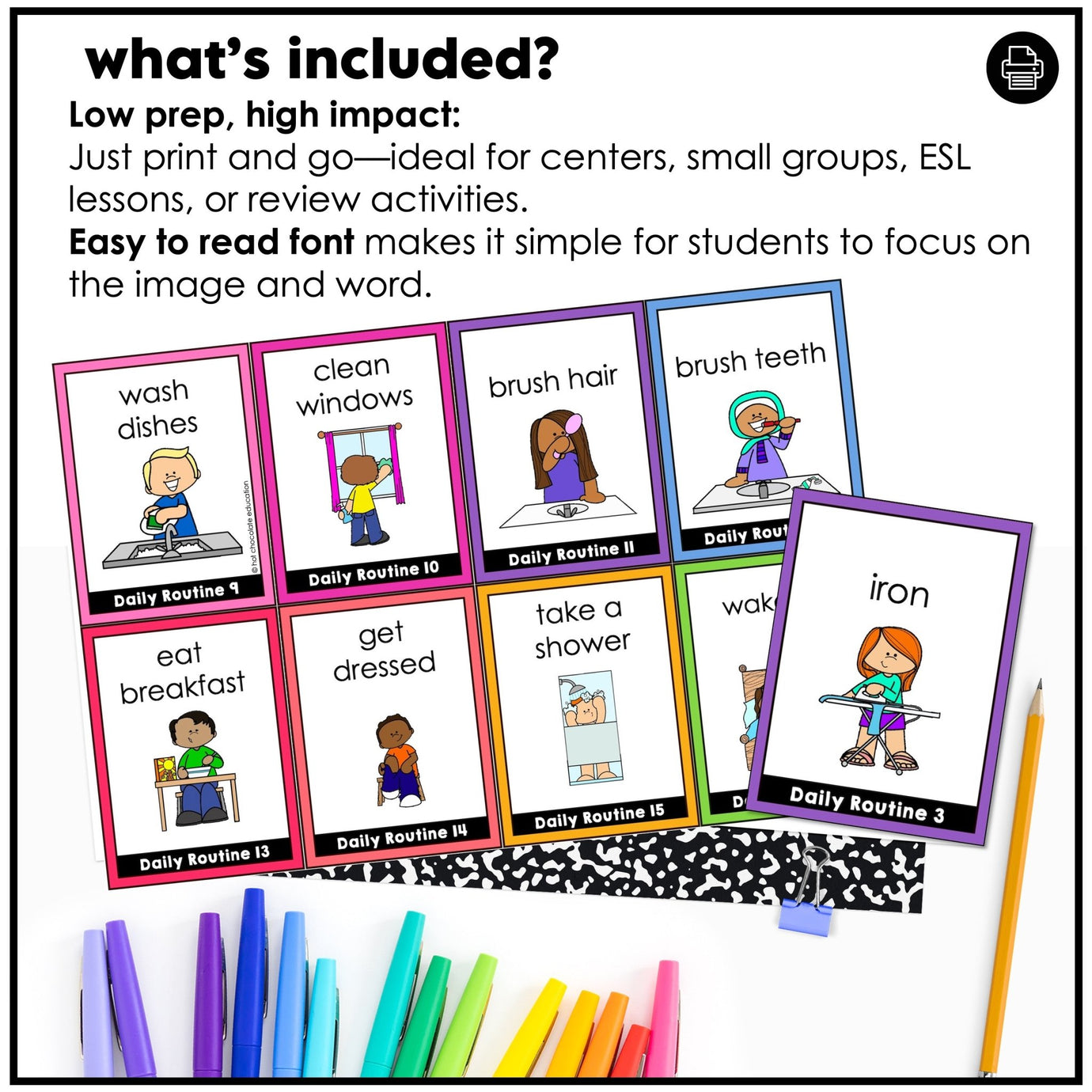 Basic Verbs & Chores Flashcards: ESL Task Cards