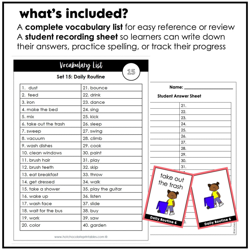 Basic Verbs & Chores Flashcards: ESL Task Cards