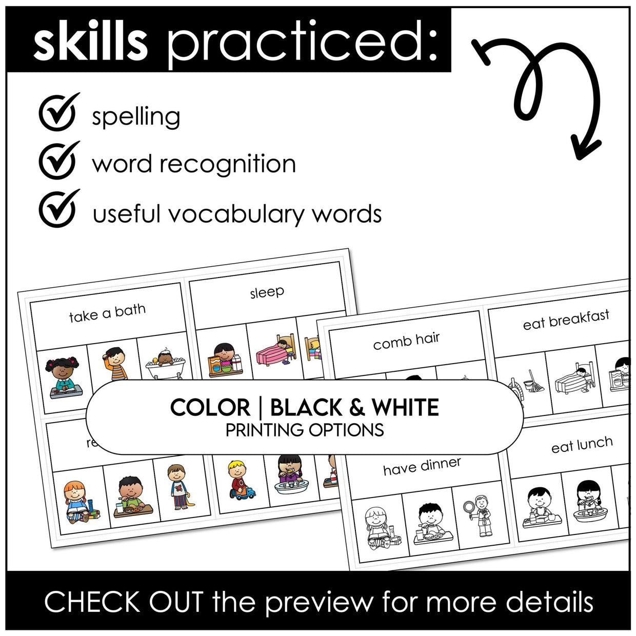 Daily Routine Verbs Vocabulary CLIP CARDS for ELL & ESL
