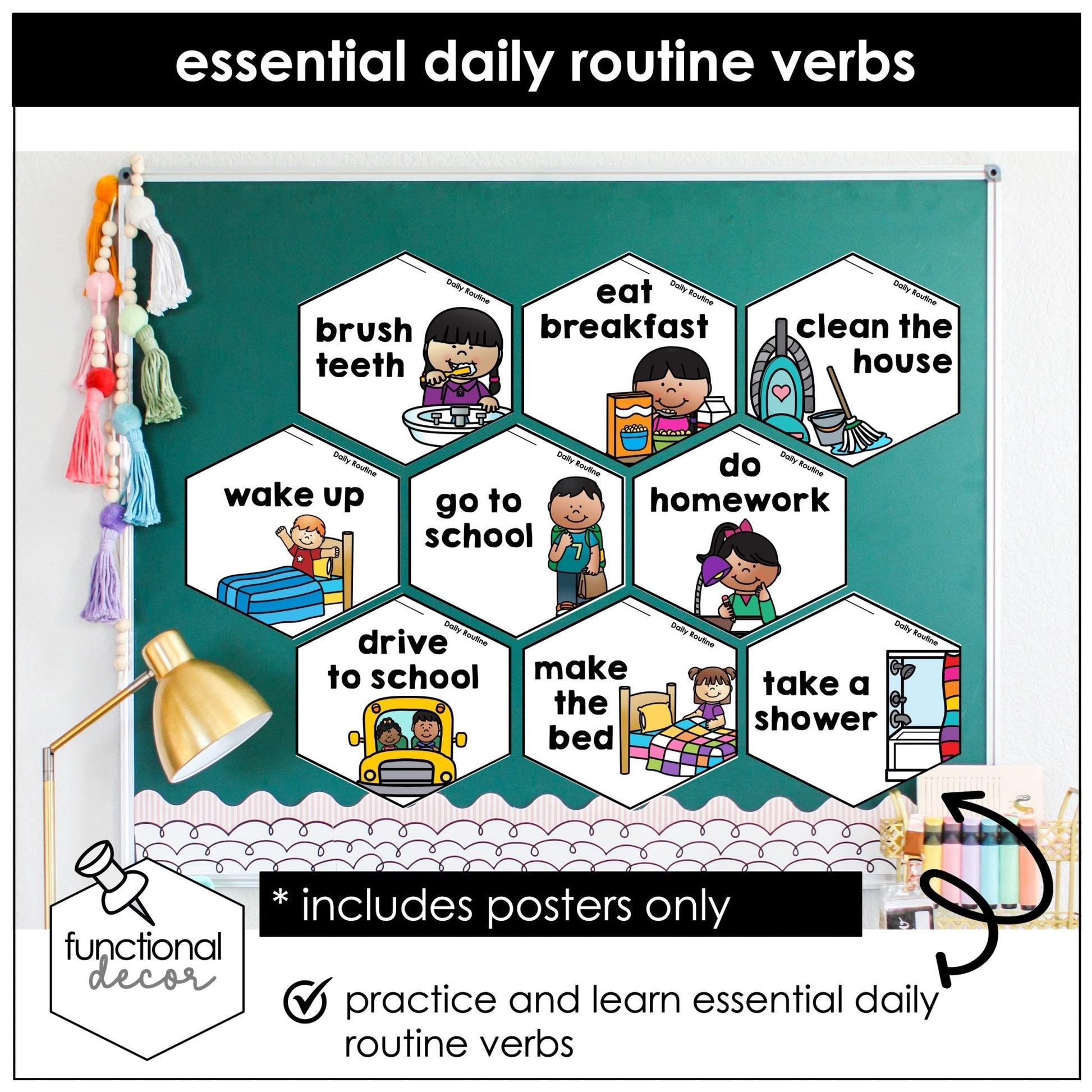 Daily Routine Vocabulary Posters for ESL & Elementary