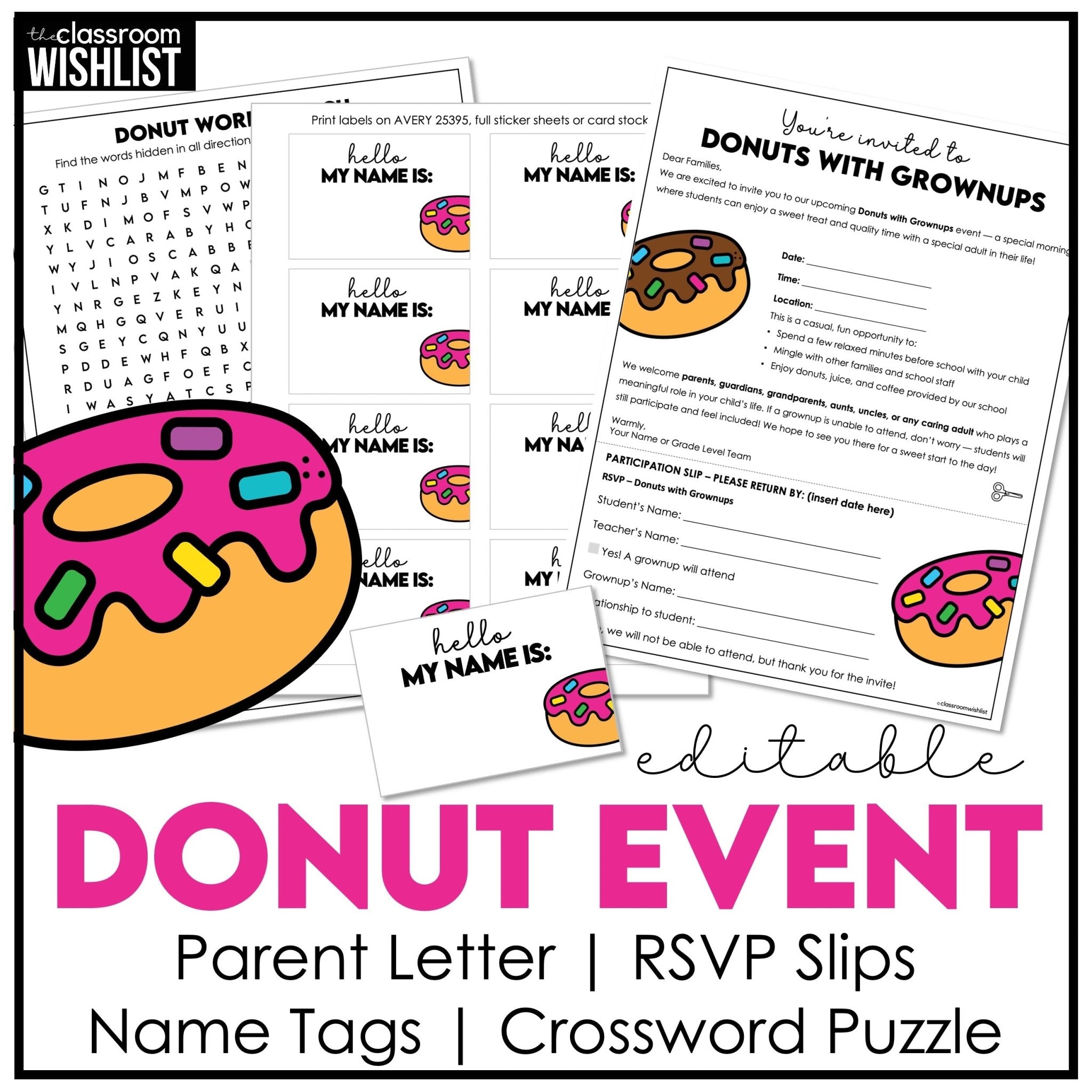 Donut Party Planning Kit | RSVP Parent Letter | Name Tags