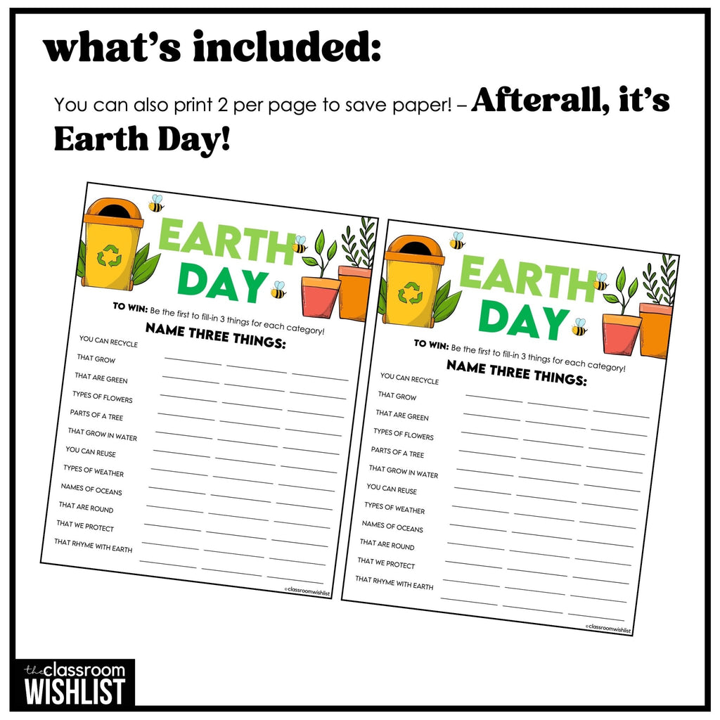 Earth Day Vocabulary Game | Name Three Things | Earth Day Freebie Acti ...