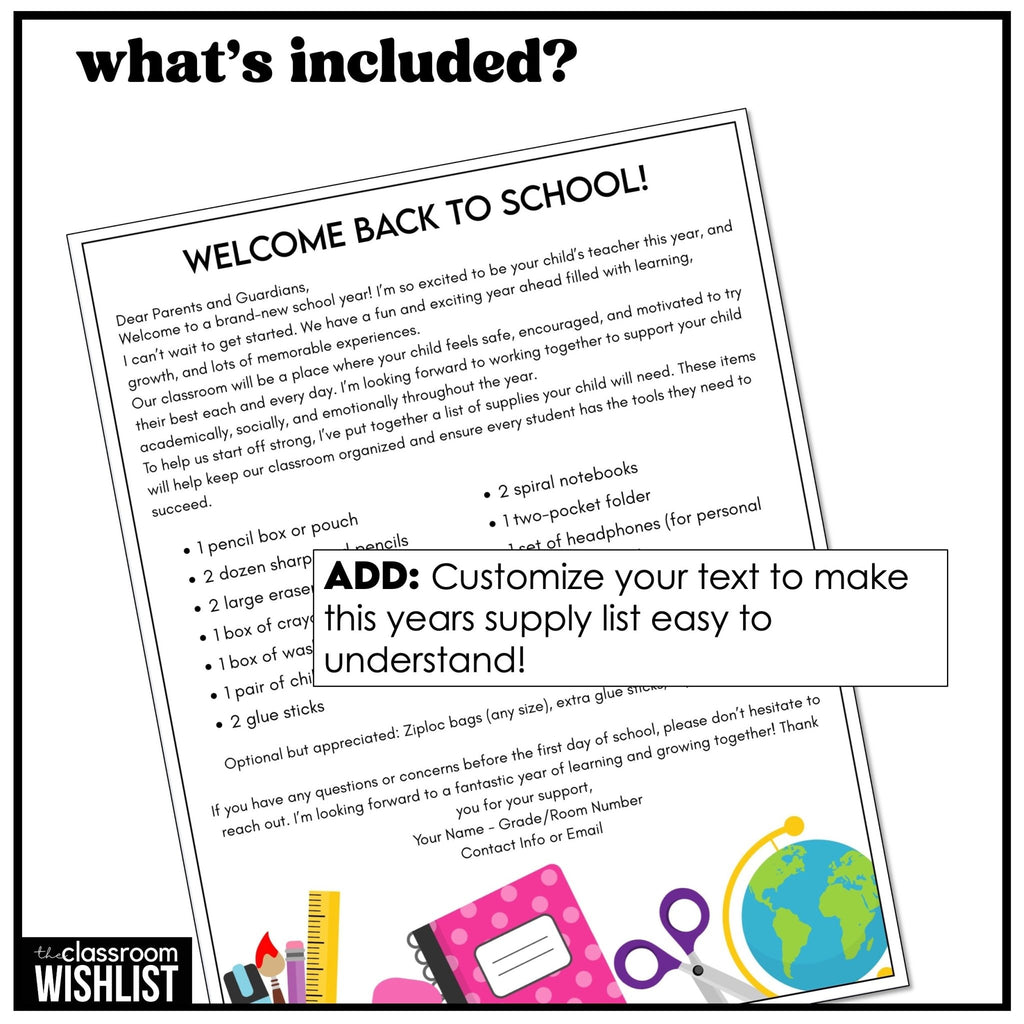 Editable Classroom Supply List Template | Back to School Supplies Pare ...