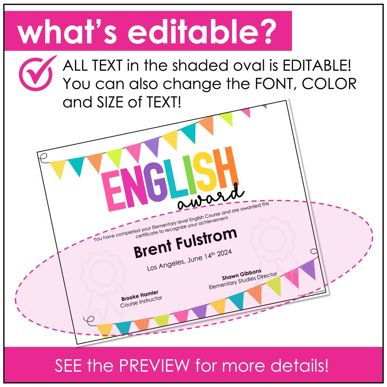 End of Year English Award Certificate - Editable Template
