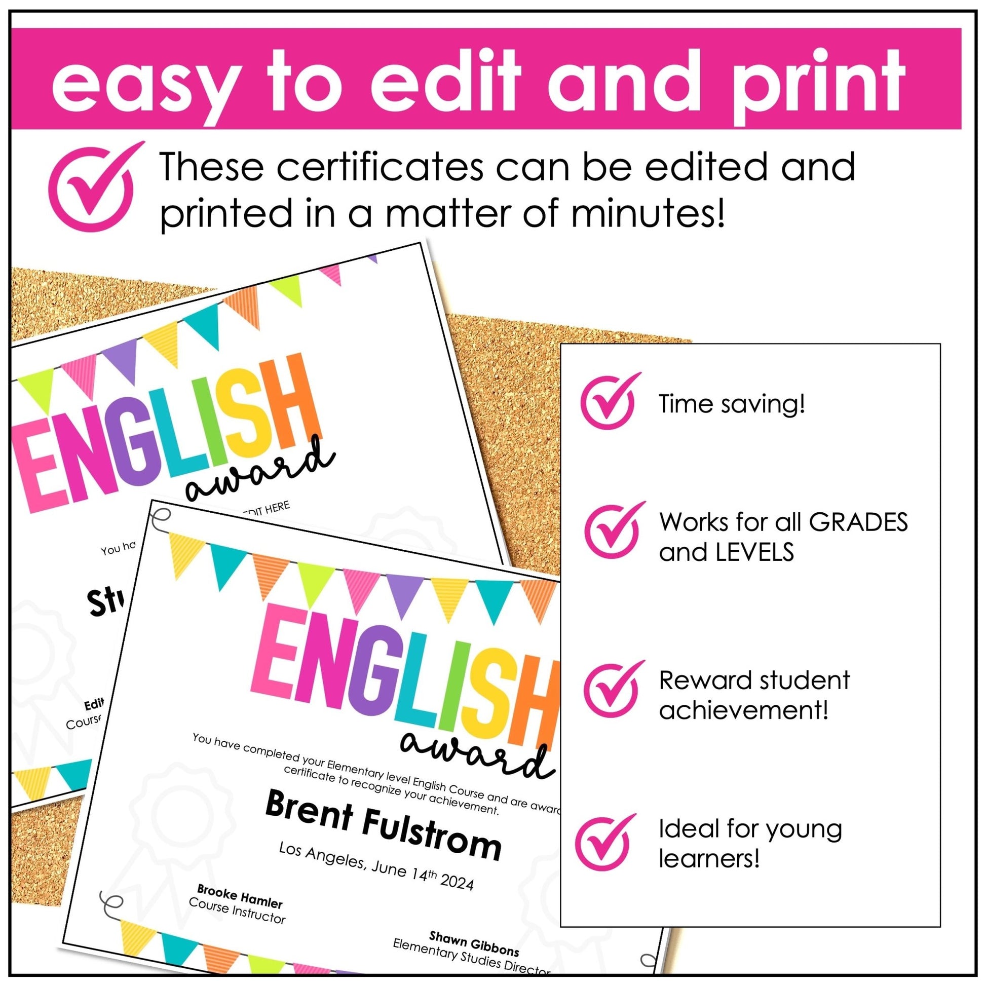 End of Year English Award Certificate - Editable Template