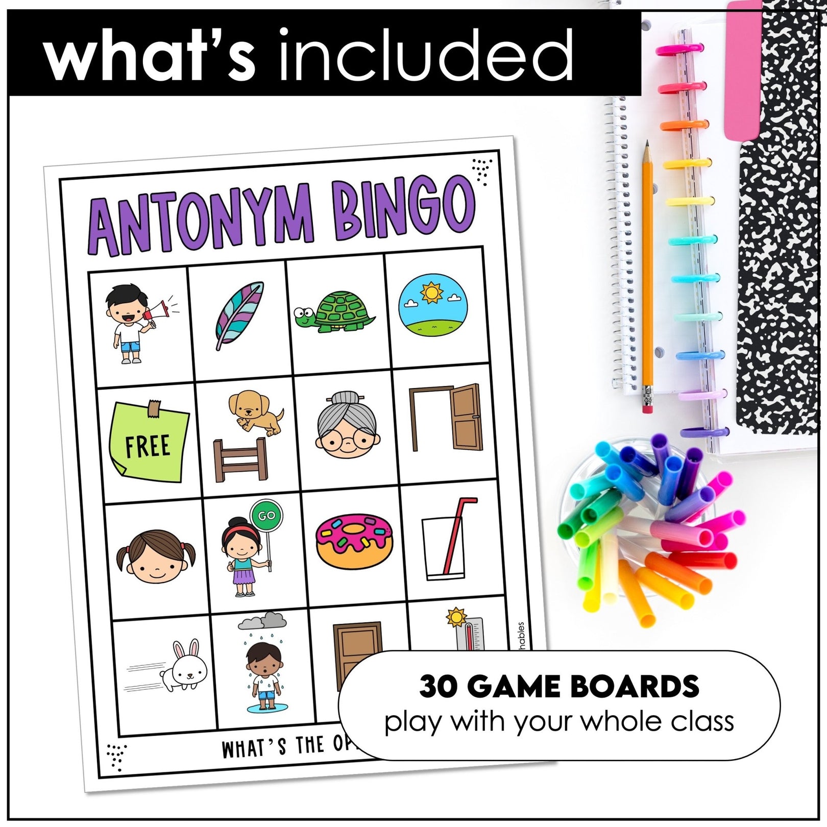 Opposite Words Printable Bingo Game - Antonyms