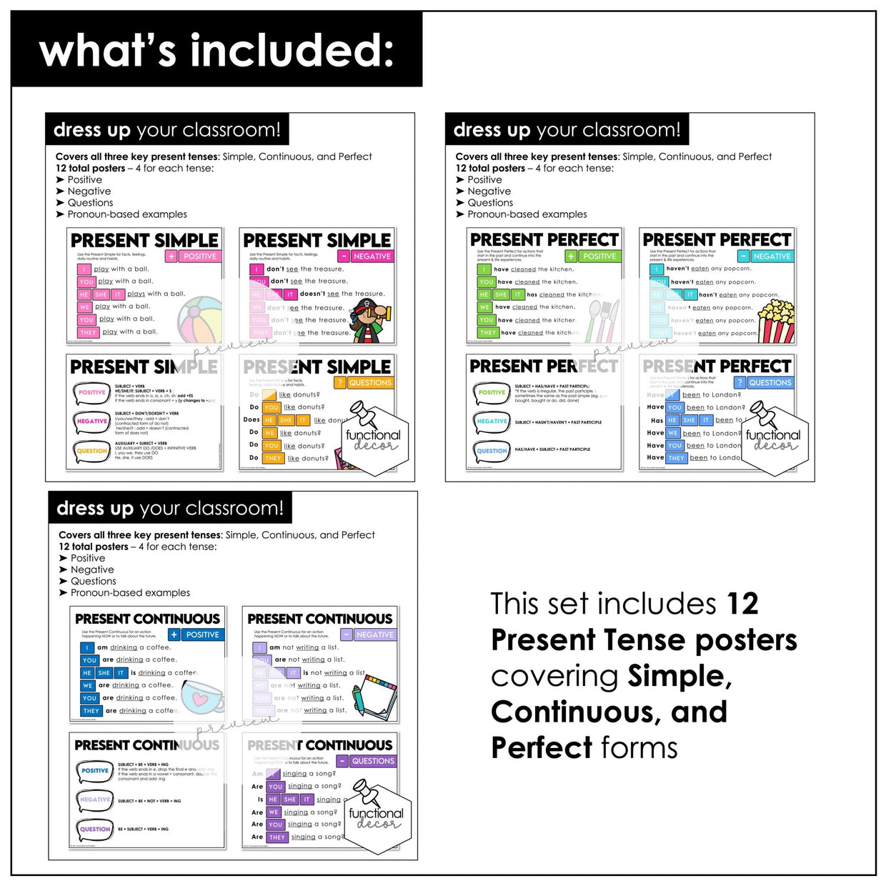 ESL Verb Conjugation Posters BUNDLE: Present & Past Tenses